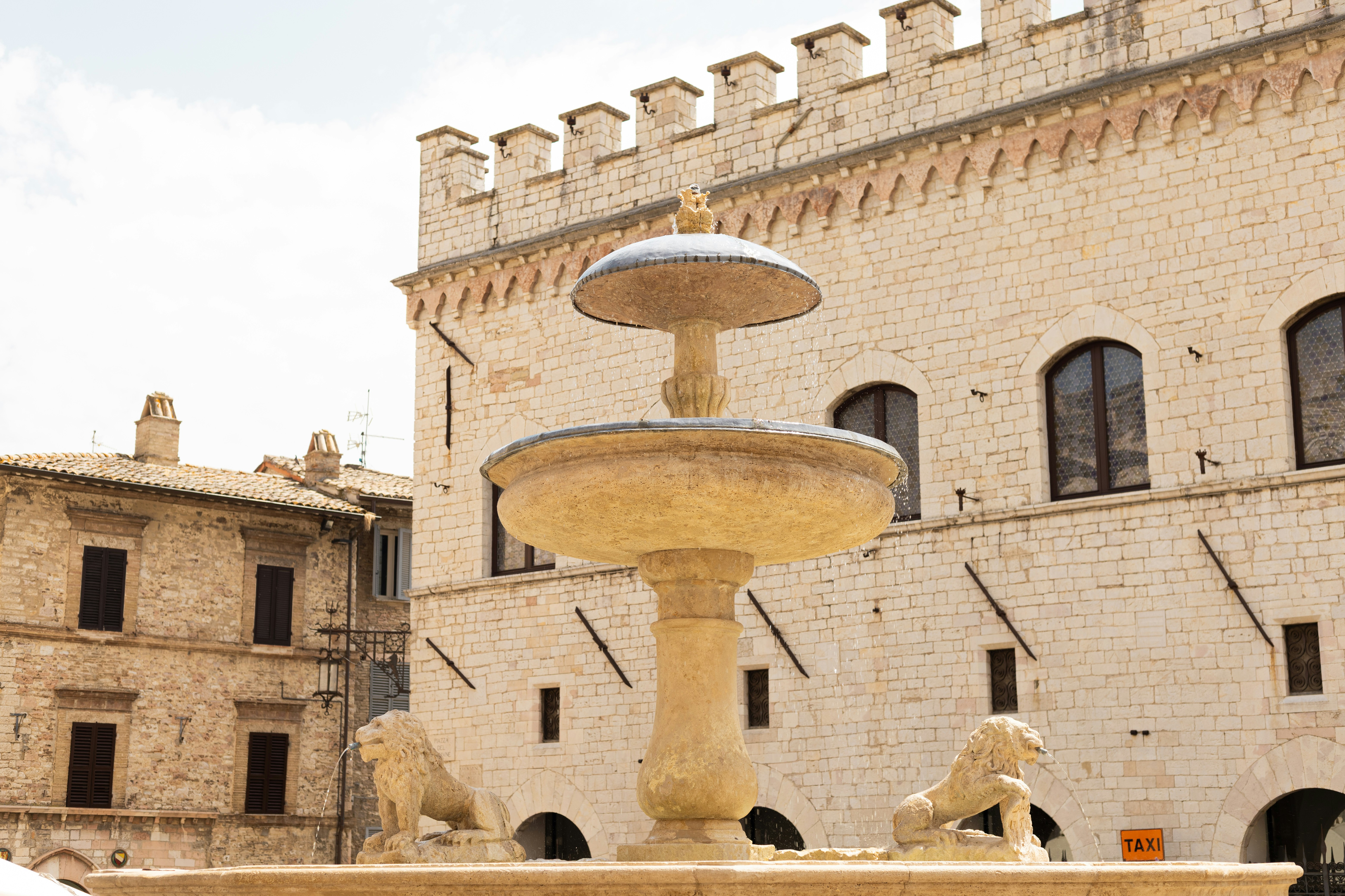 Stone Fountain Sentinel Amid Historic Facade