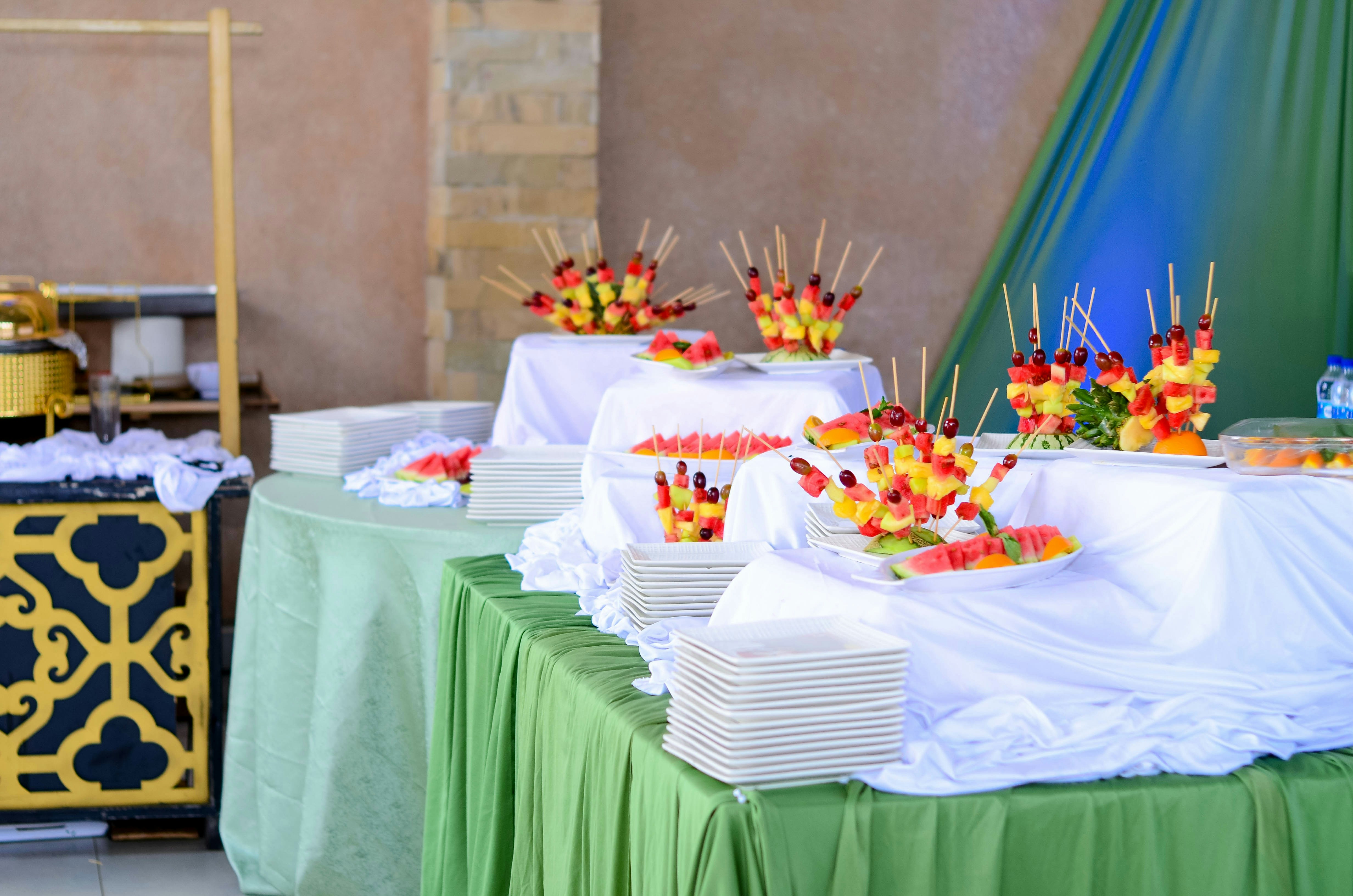Skewered Treats on a Green-and-White Buffet