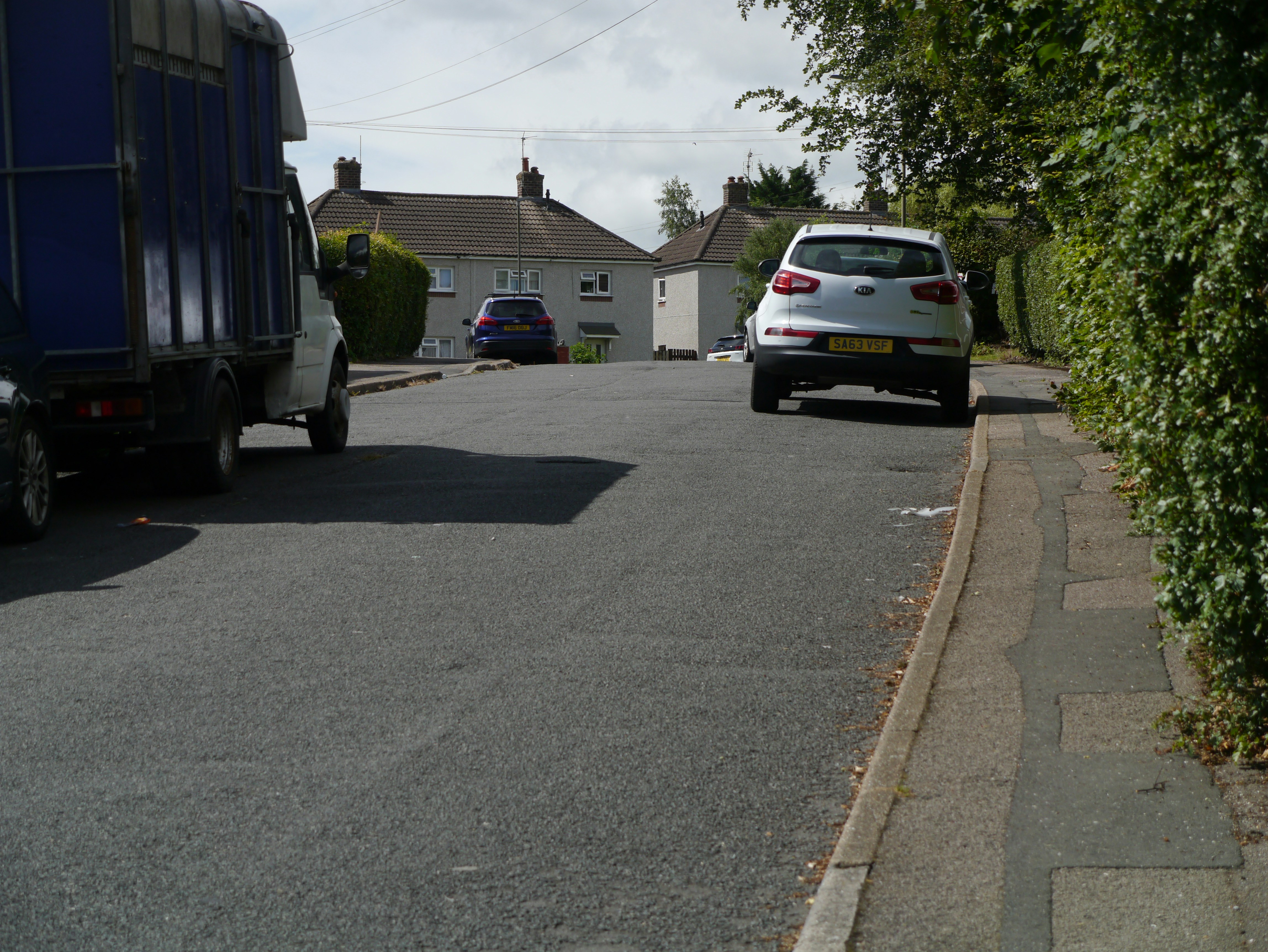 Distant cars and a quiet suburban street with a parked white hatchback and a blue truck along the curb, framed by houses and greenery.