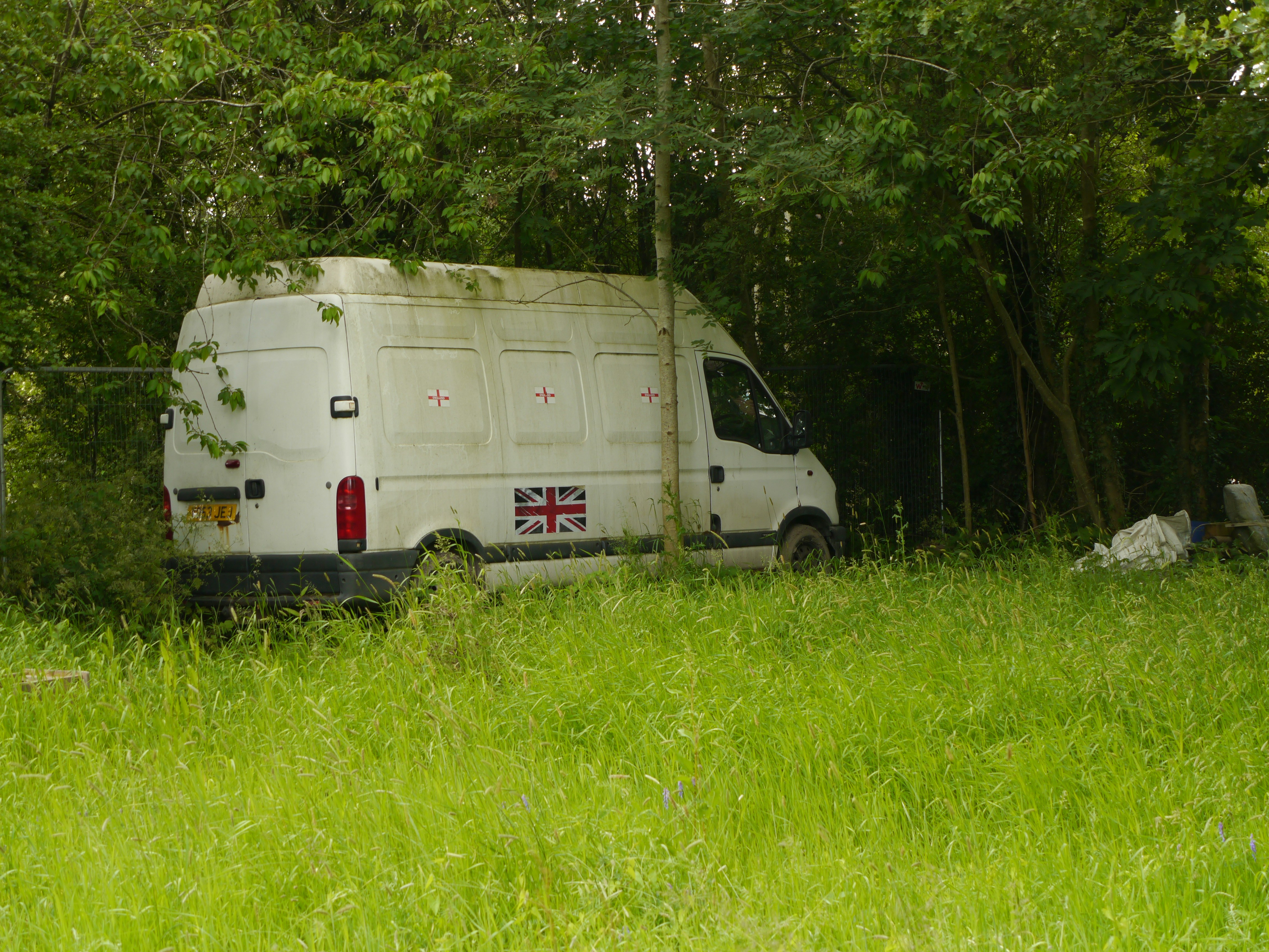 British-flagged van parked in a sunlit meadow edge