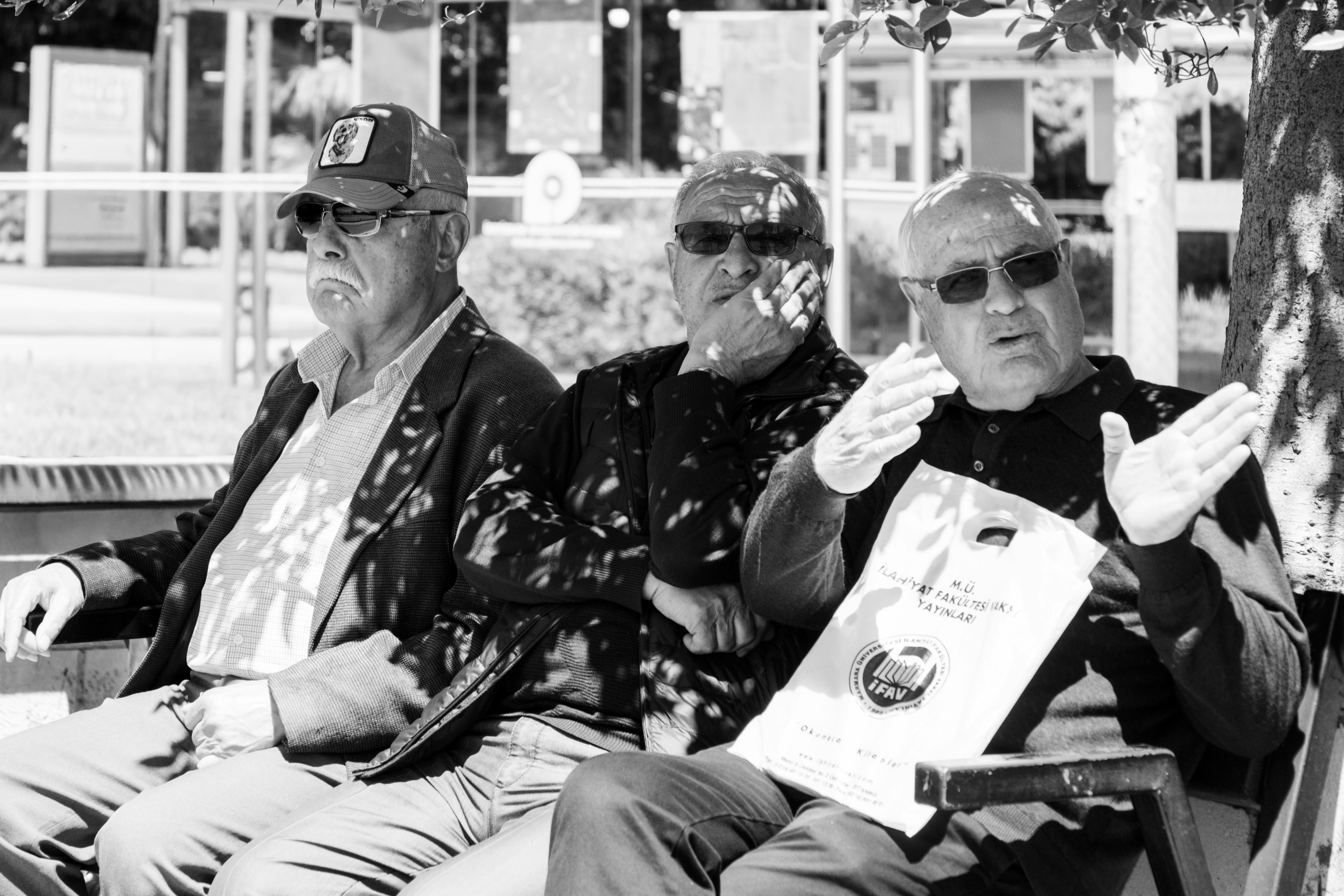 Portrait of Three Men on a Park Bench in Soft Sun and Shadow
