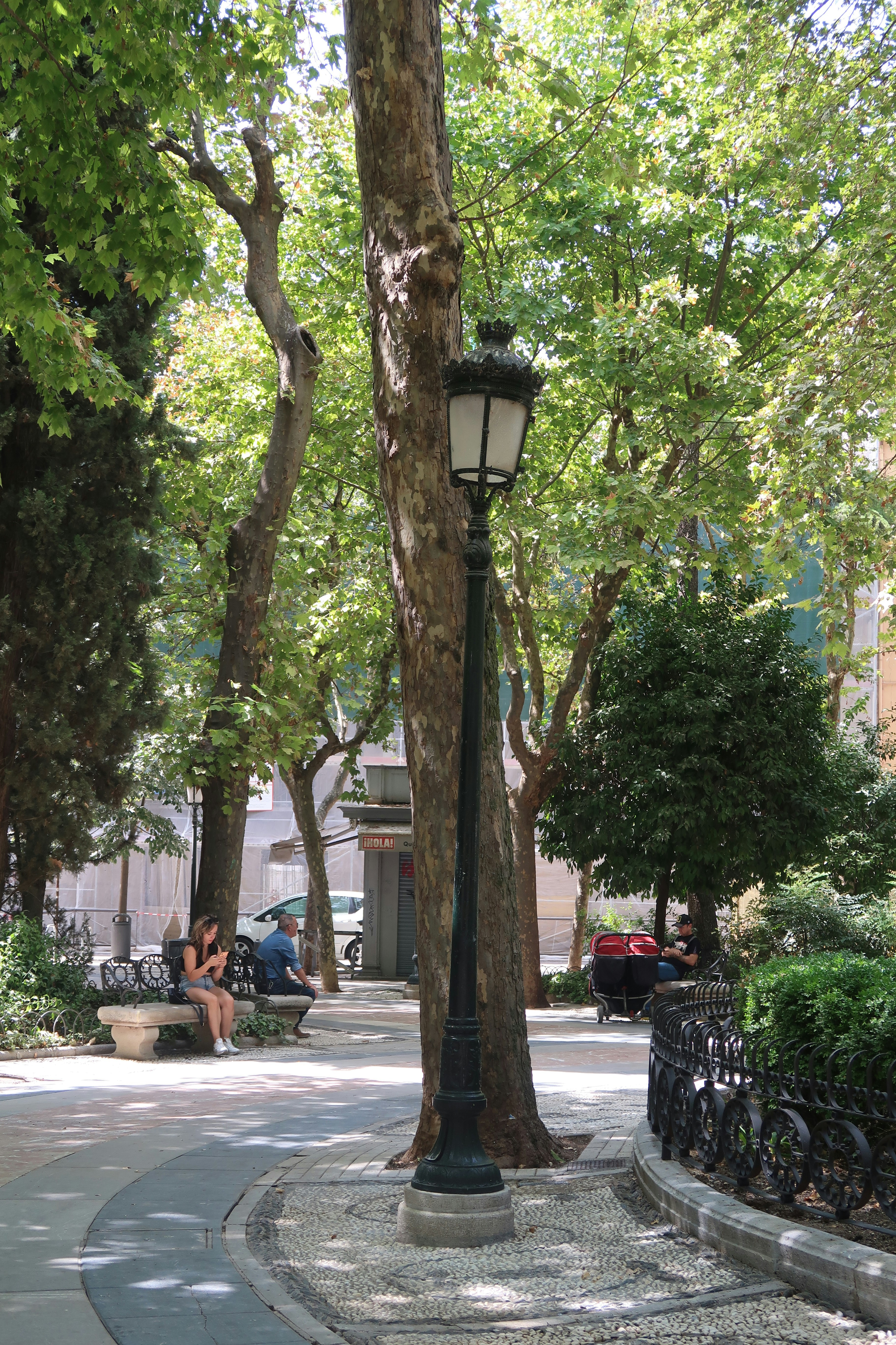 Sunlit City Park: A Lanterned Walk Beneath Green canopies