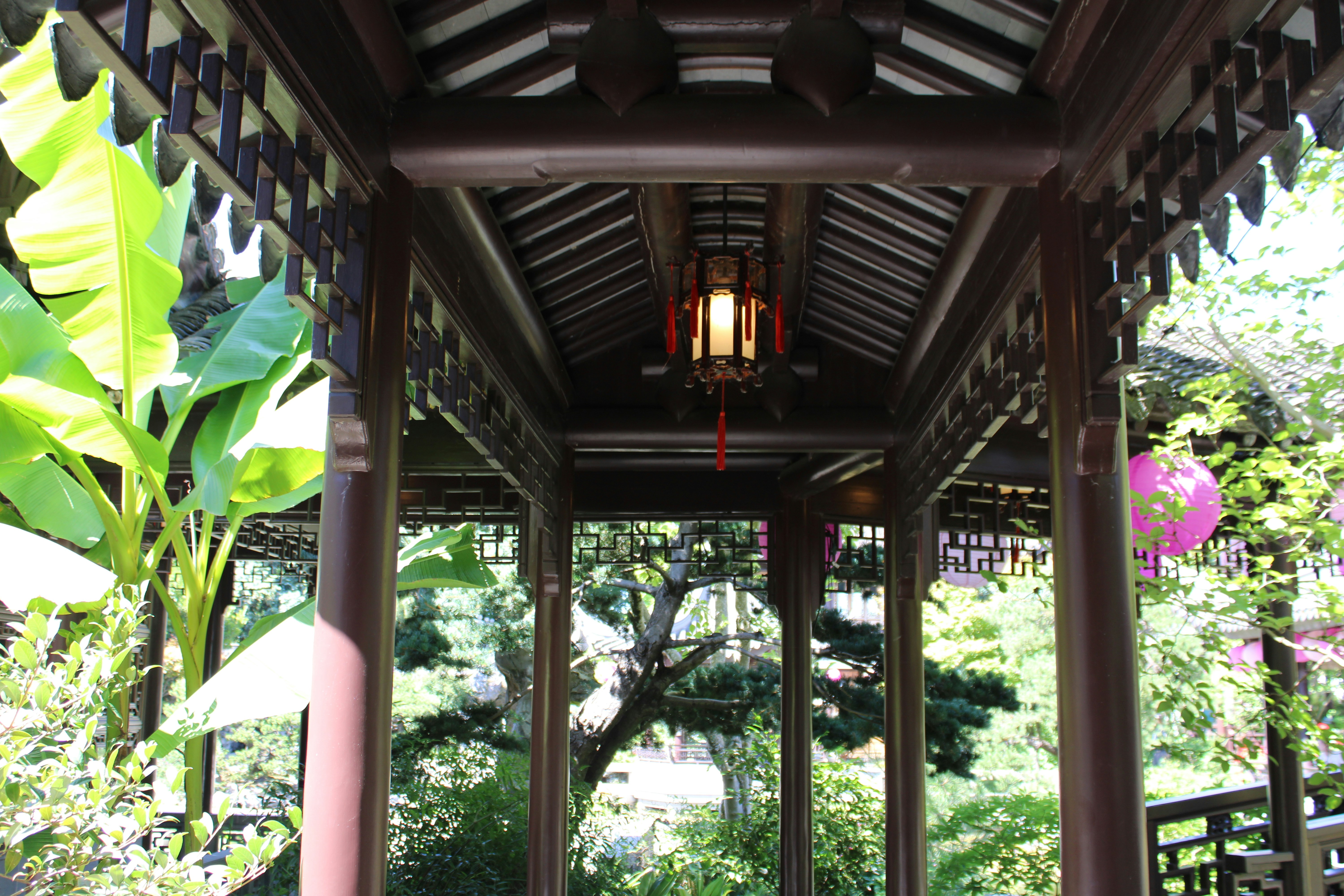 Lanterned walkway in a serenity-filled pavilion