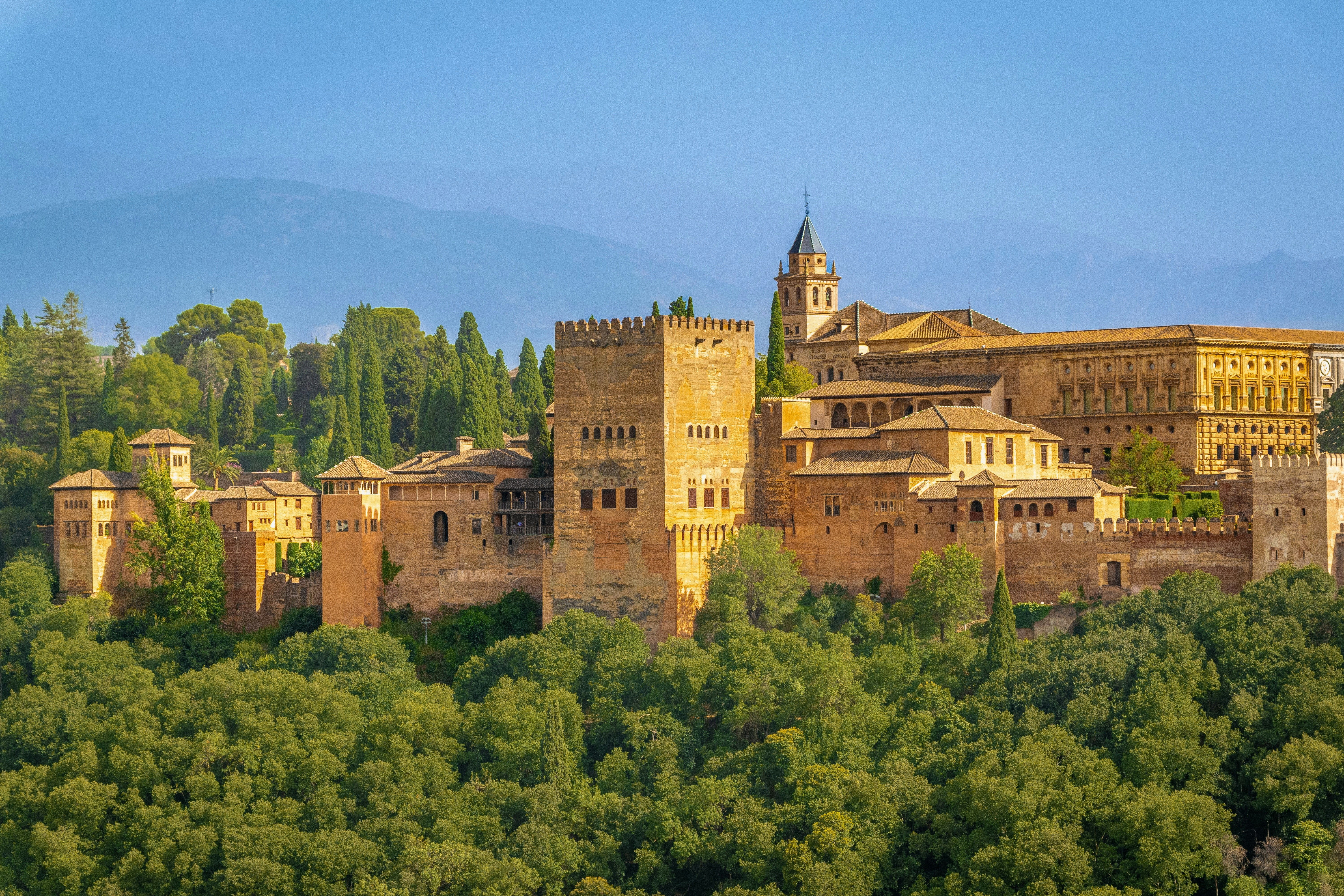Golden Citadel on the Hillside: A Tuscan-Style Fortress Framed by Pine