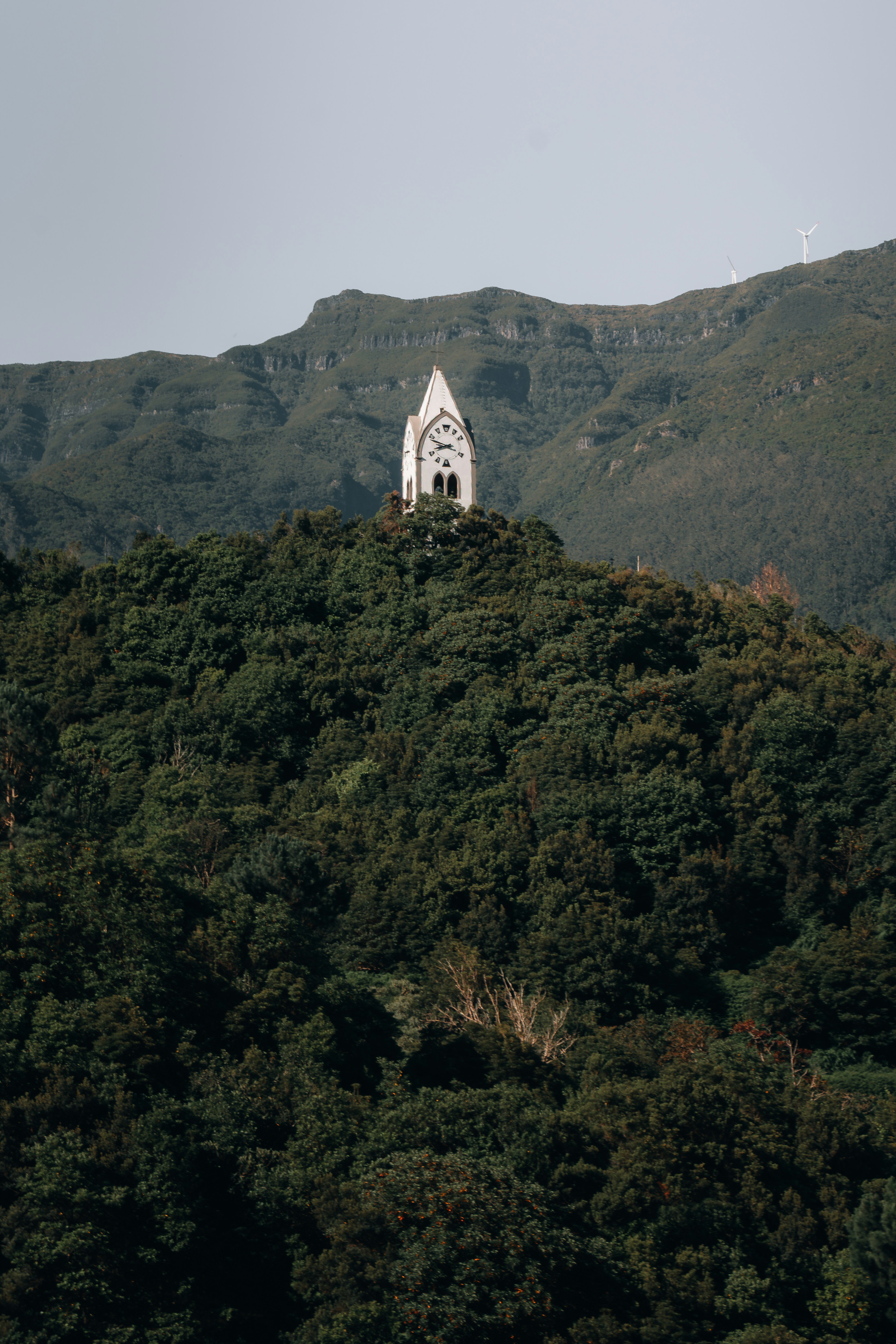 White church steeple atop a dense green hill rises against distant mountains and a pale sky. A natural landscape with a historic structure emphasizing isolation and elevation.