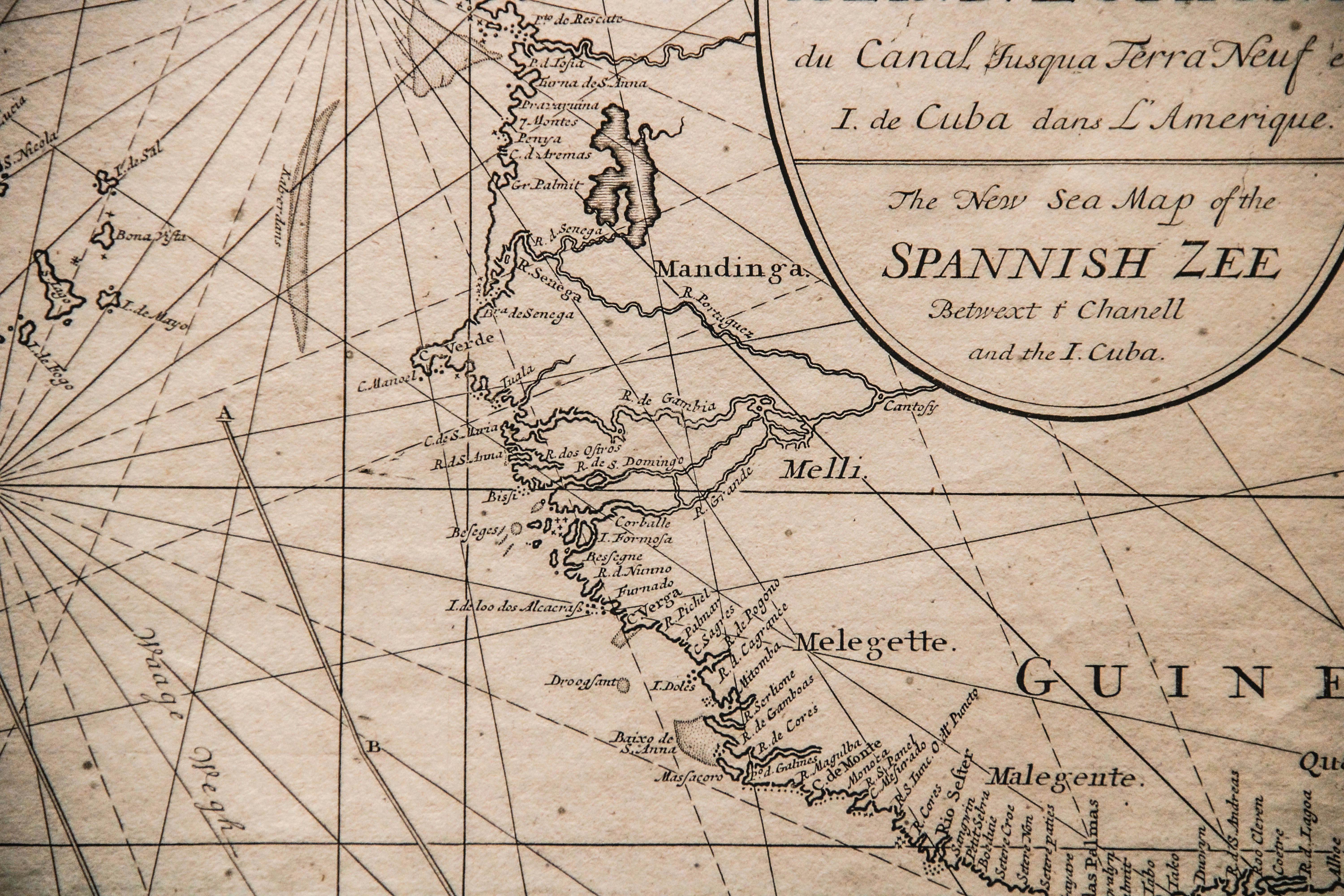 Antique nautical chart close-up of Guinea coast with compass rose