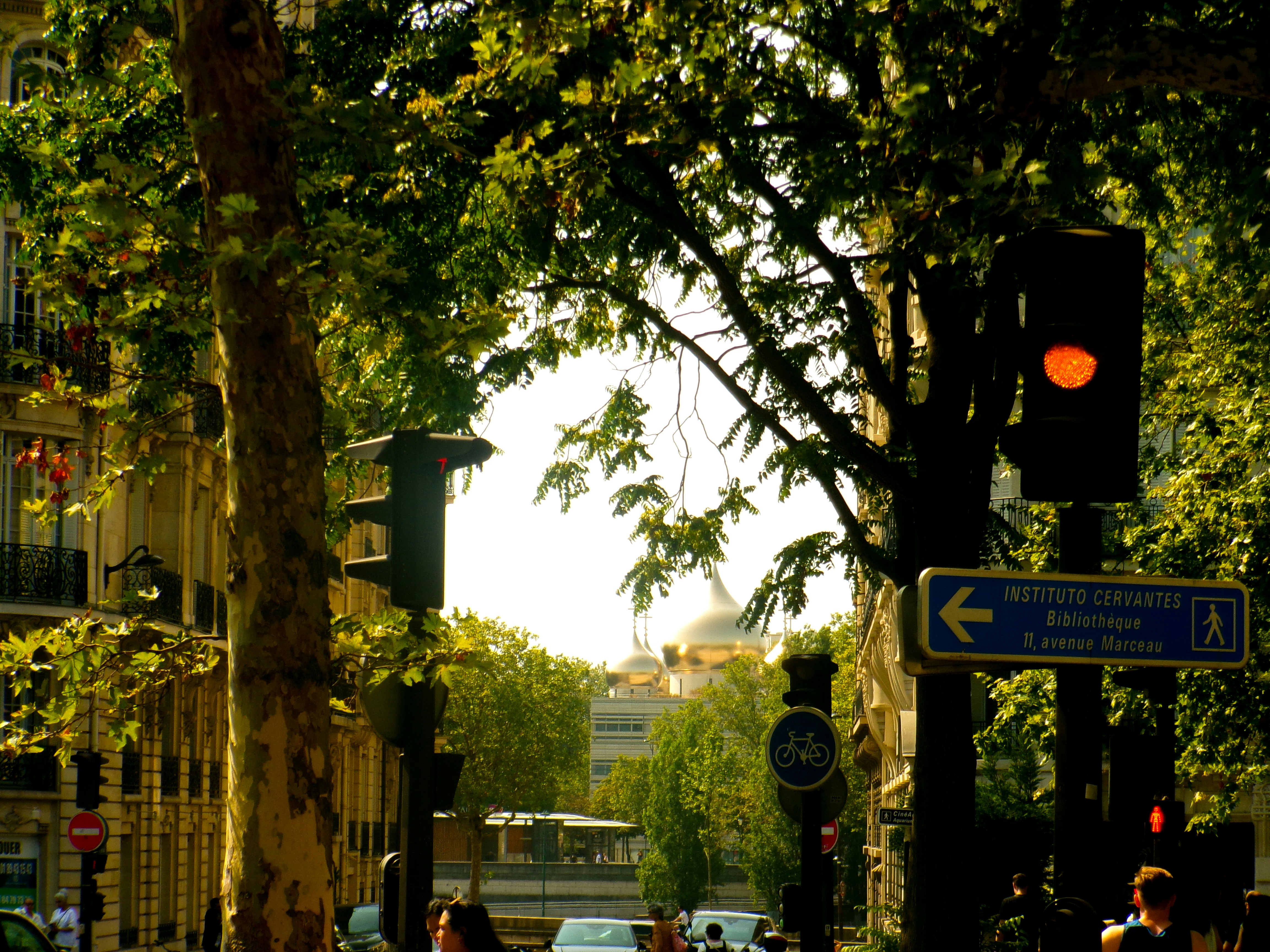 A sun-drenched city street viewed through trees, with a blue directional sign and pedestrians near a crosswalk. The scene captures dappled light and urban signage in a lively daytime environment.