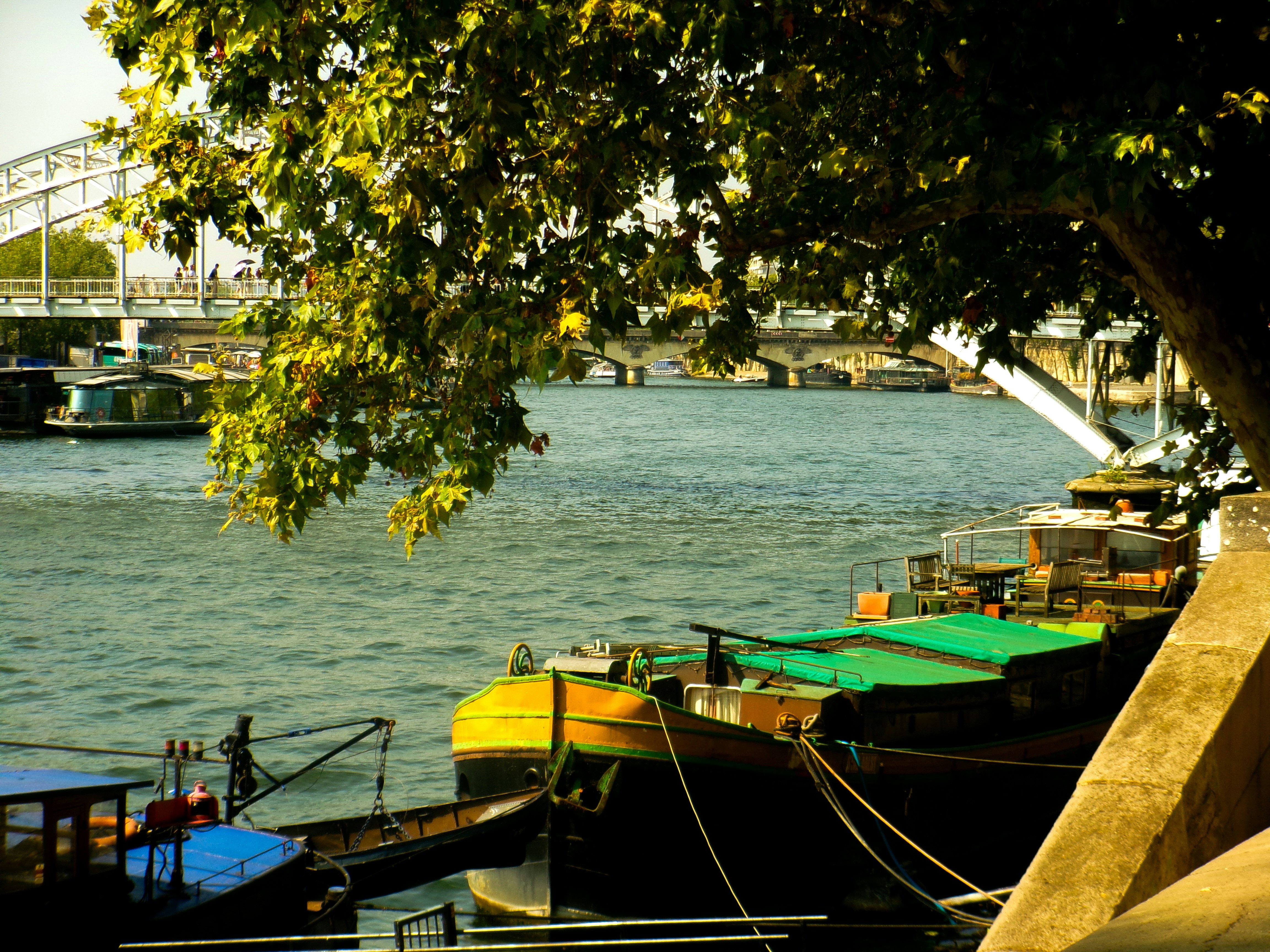 Colorful boats moored along a sunlit riverside under a leafy overhang, with a distant bridge and calm water.