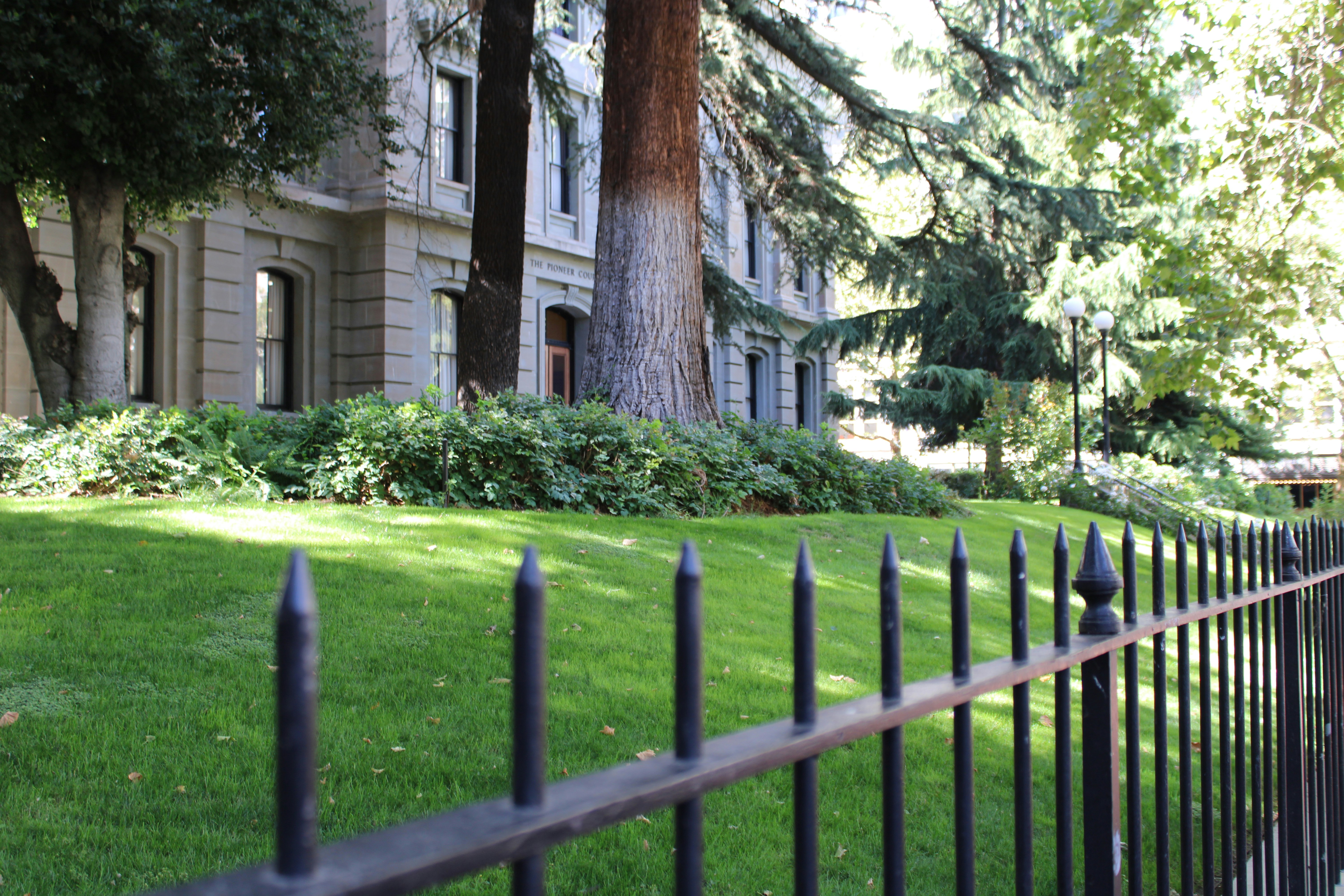 Iron fence leading to a stately campus building