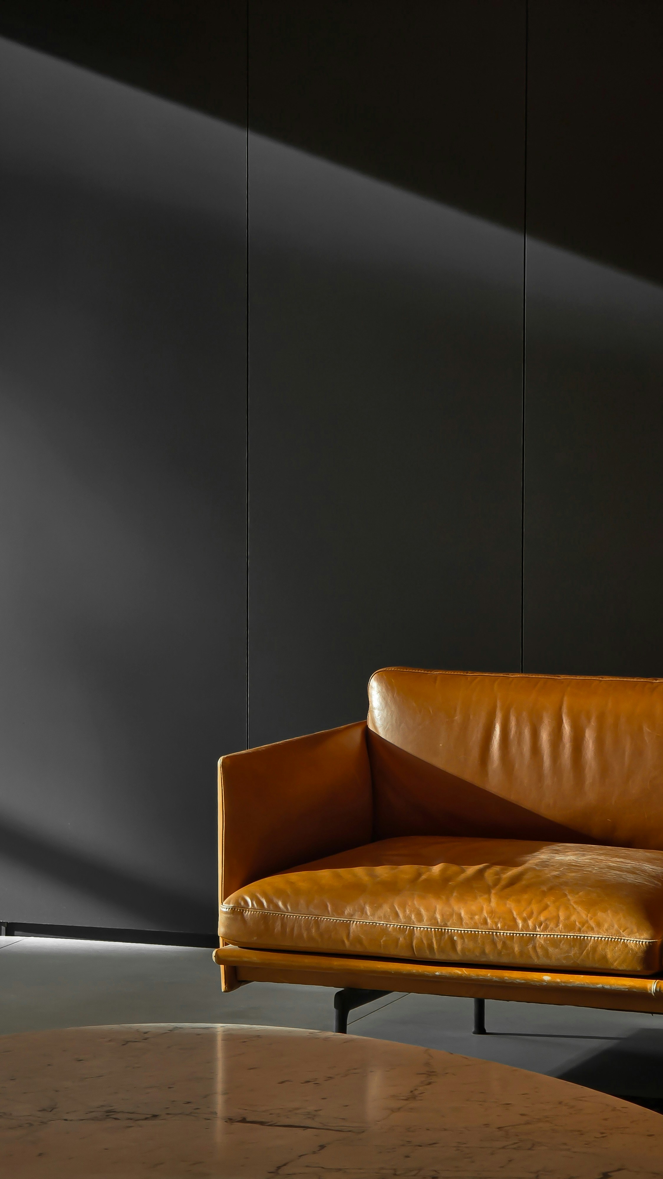 Rich Leather, Quiet Space: A Tan Sofa Anchors a Shadowed Lounge