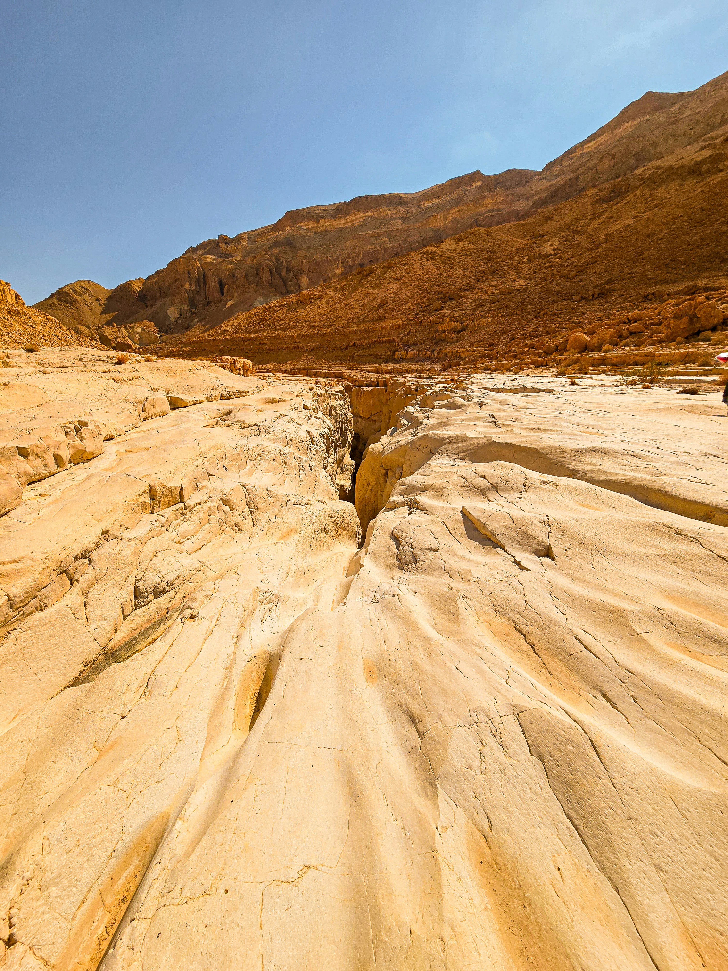 Creased limestone scars toward a sunlit desert ridge