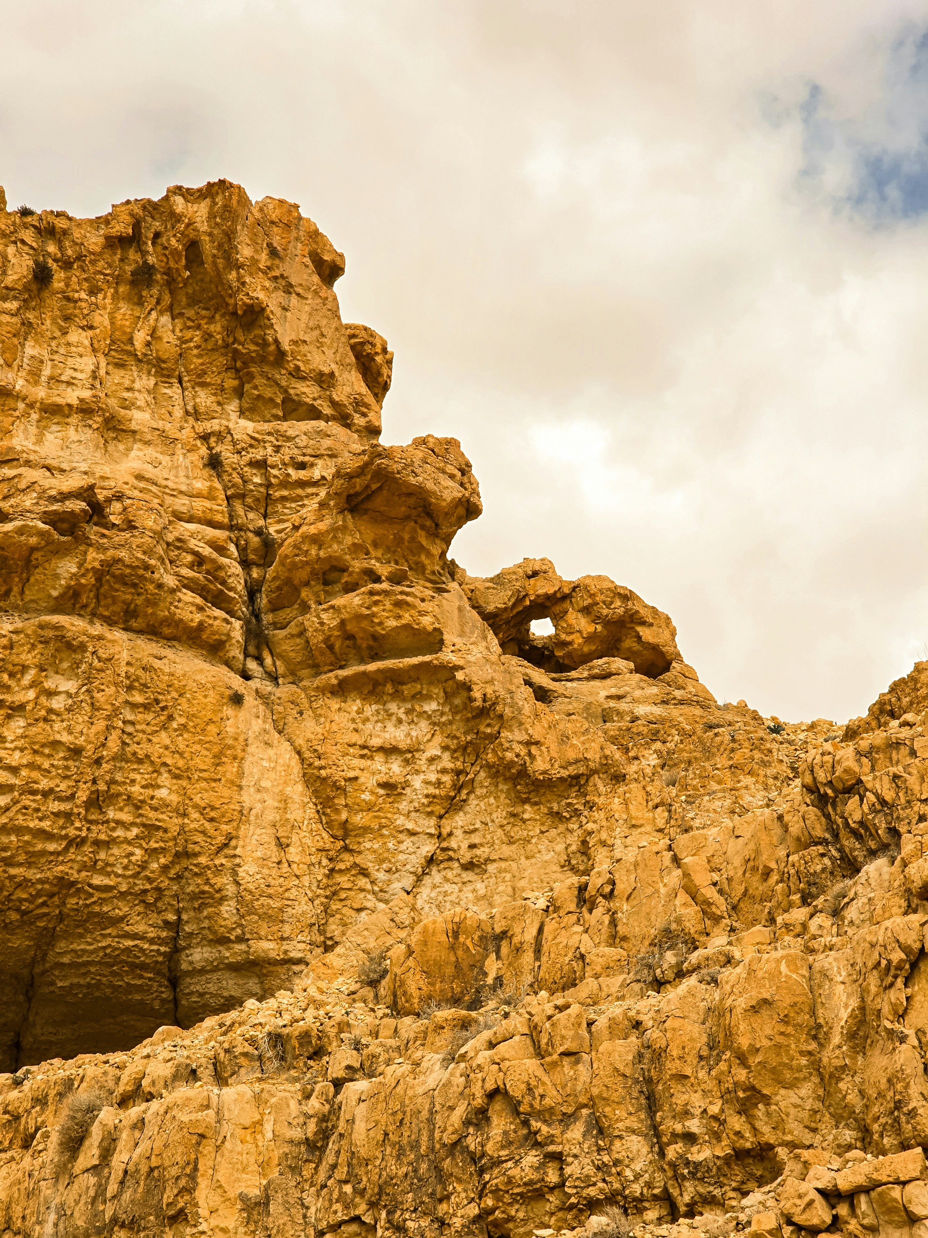 Stone Portrait: A Weathered Cliff Face with Natural Arch Under Soft Skies