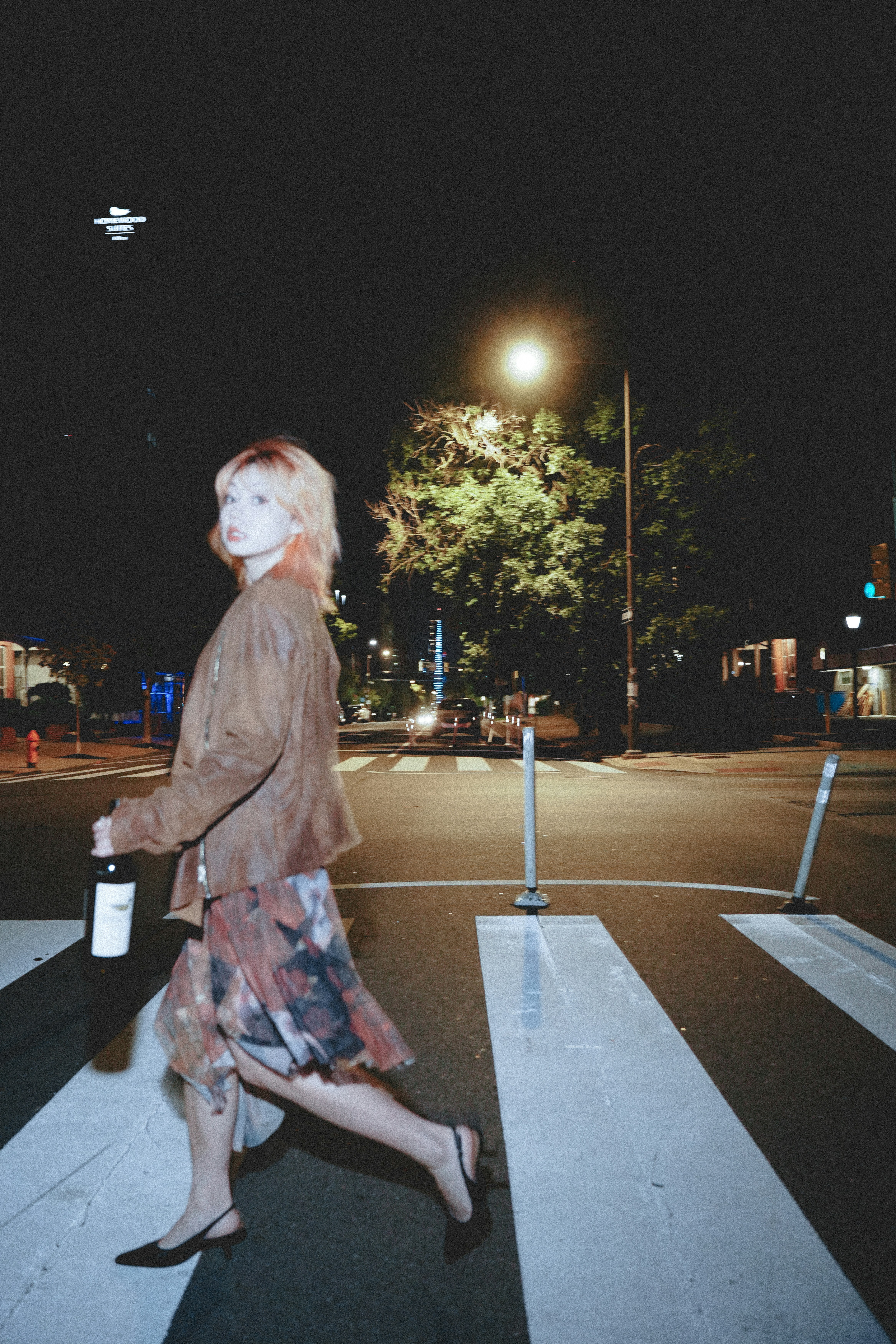 Midnight Crossing: A Woman on the Move Across a Quiet Street