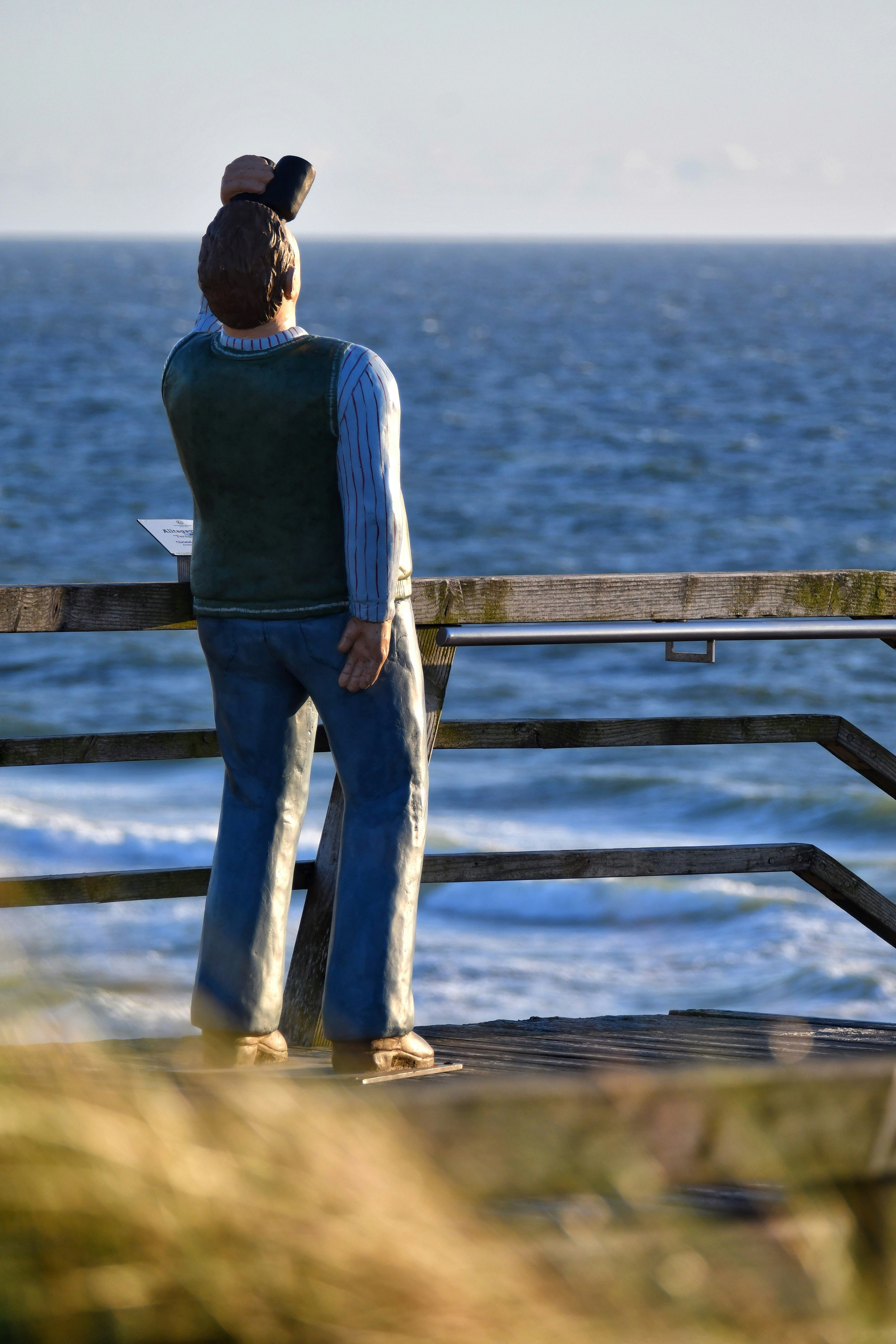 Figure at the railing gazing toward a distant sea horizon
