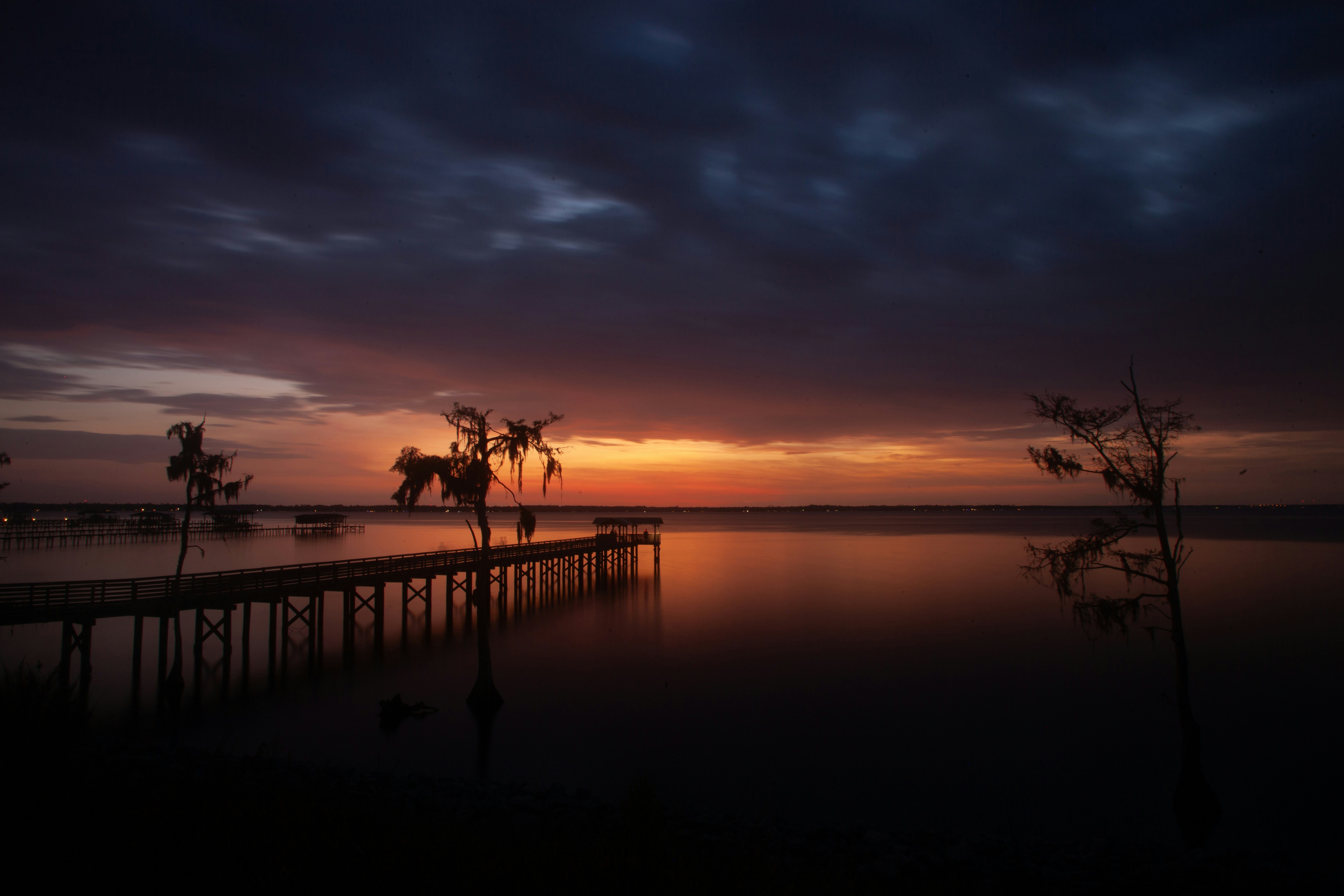 Sunset Pier: Silhouetted Trees and a Quiet Dusk Over Still Water