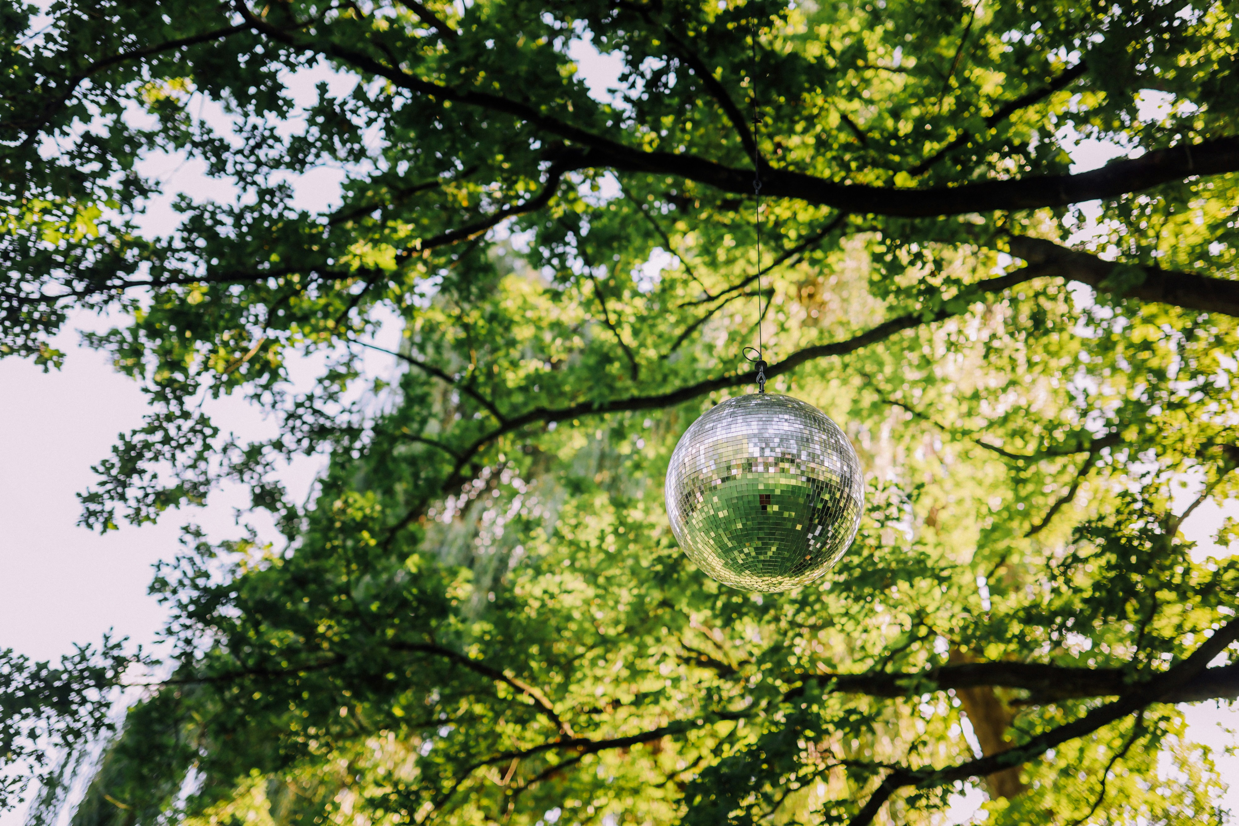 A glass sphere hangs among sunlit green leaves, reflecting and refracting the surrounding trees and sky.
