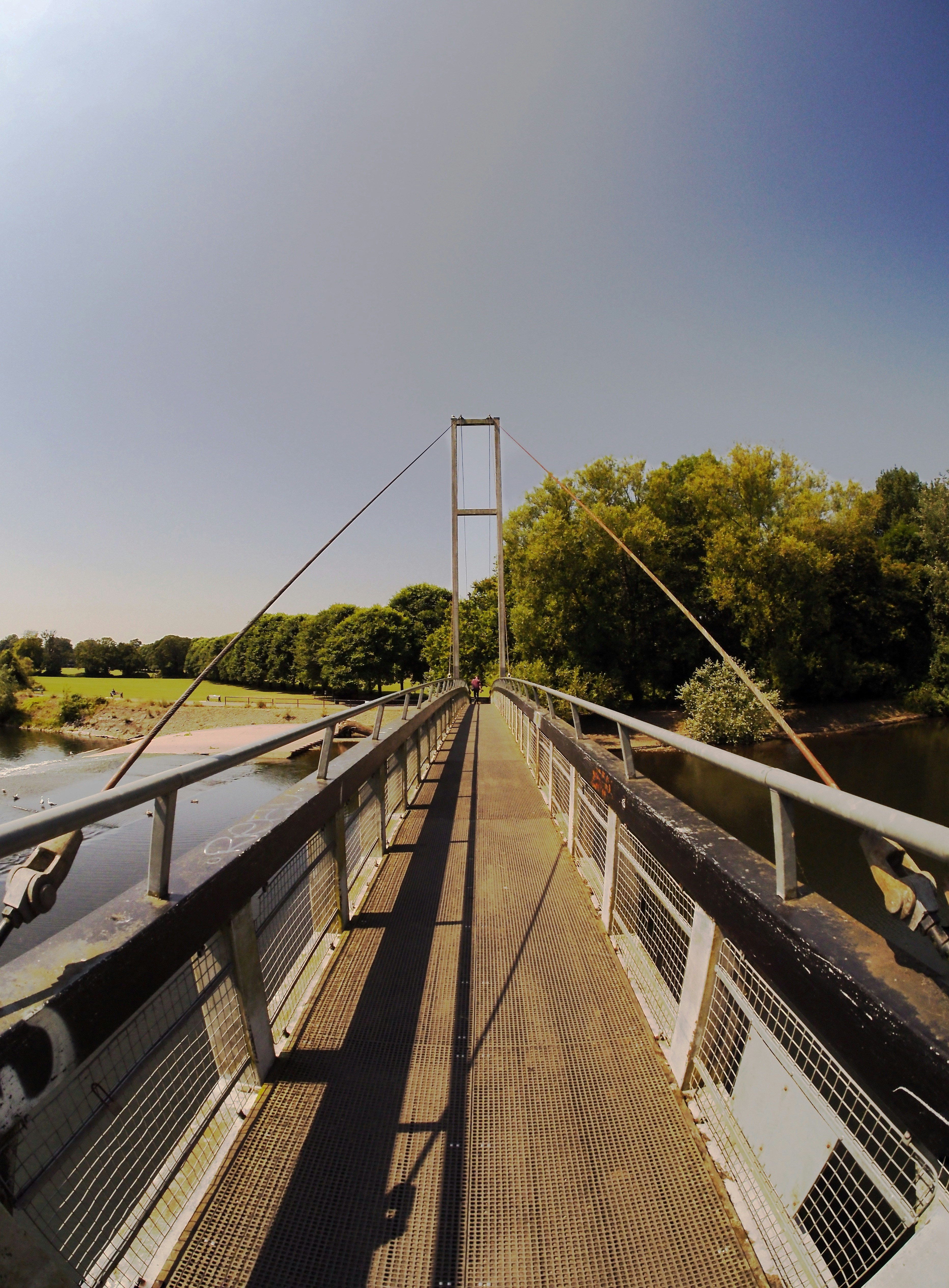 Suspension Gateway: A Sunlit Footbridge over Quiet Waters