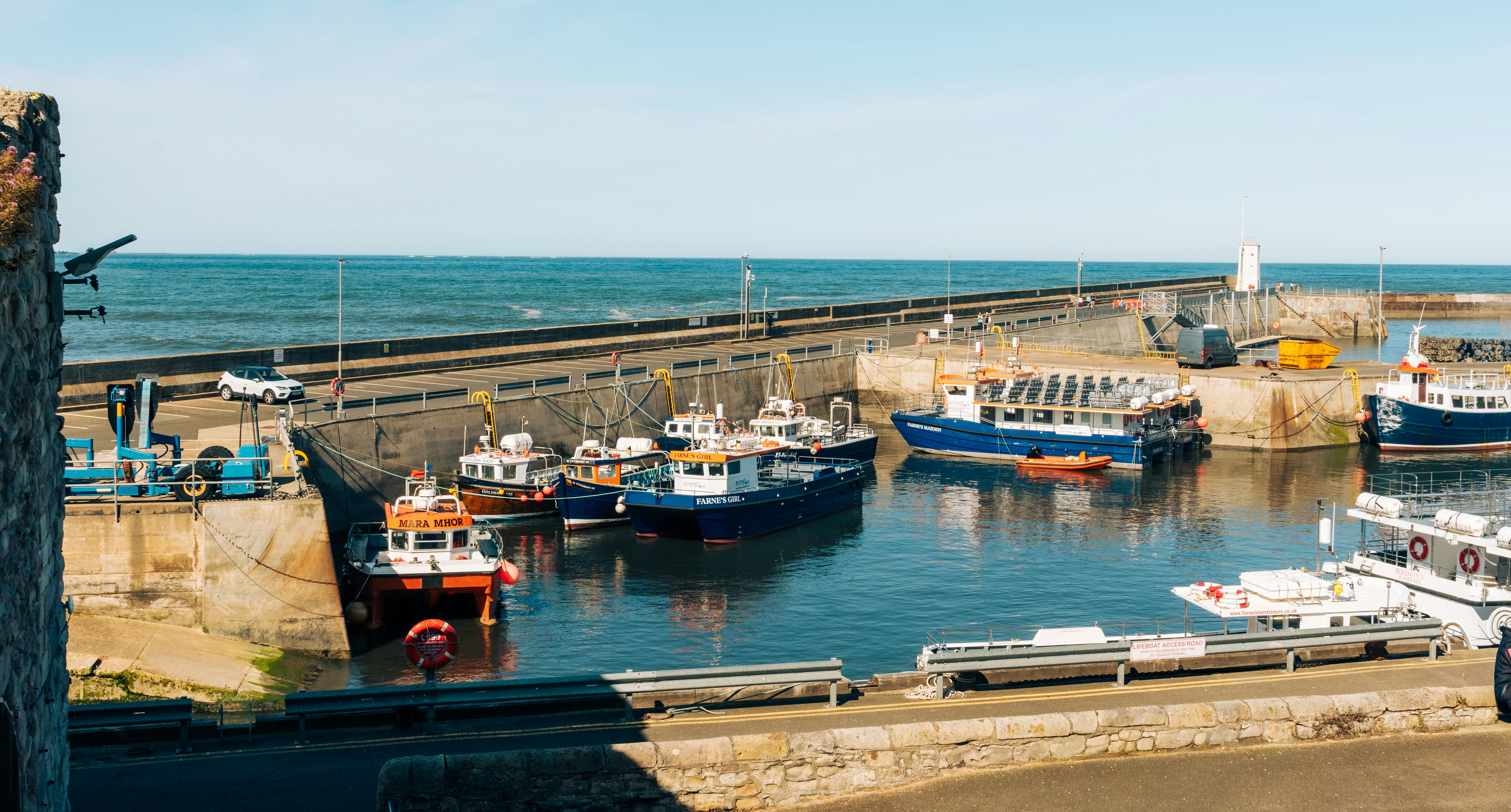 Harbor in the Light: Boats Rest at a Quiet Pier Under a Clear Sky
