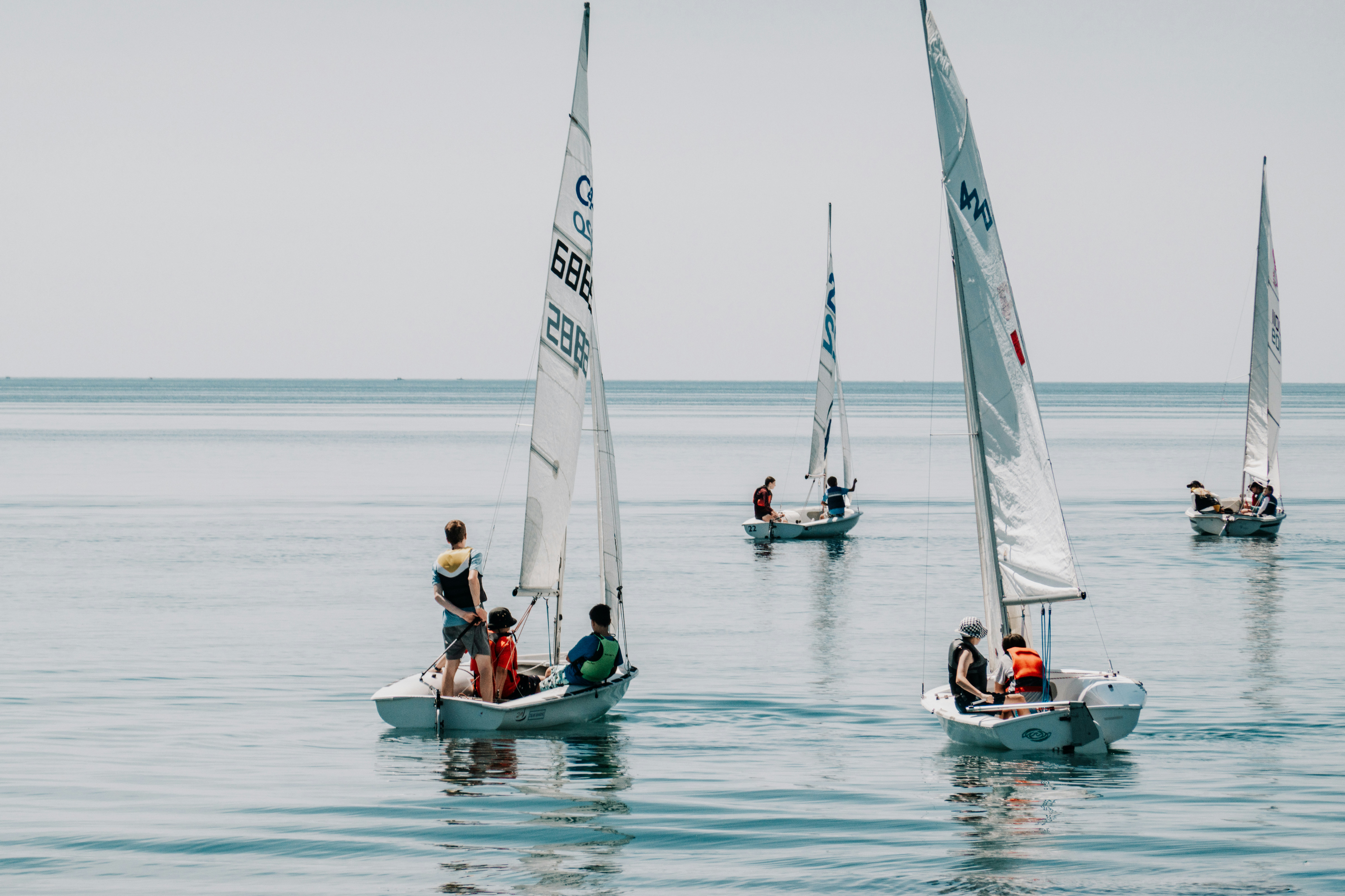 Small sailboats glide across a tranquil sea with an open horizon and pale sky in the background. A group of riders and instructors are visible aboard the boats, creating a gentle maritime scene, with a hint of wind in the sails. This is a photography capture, not a painting or illustration.