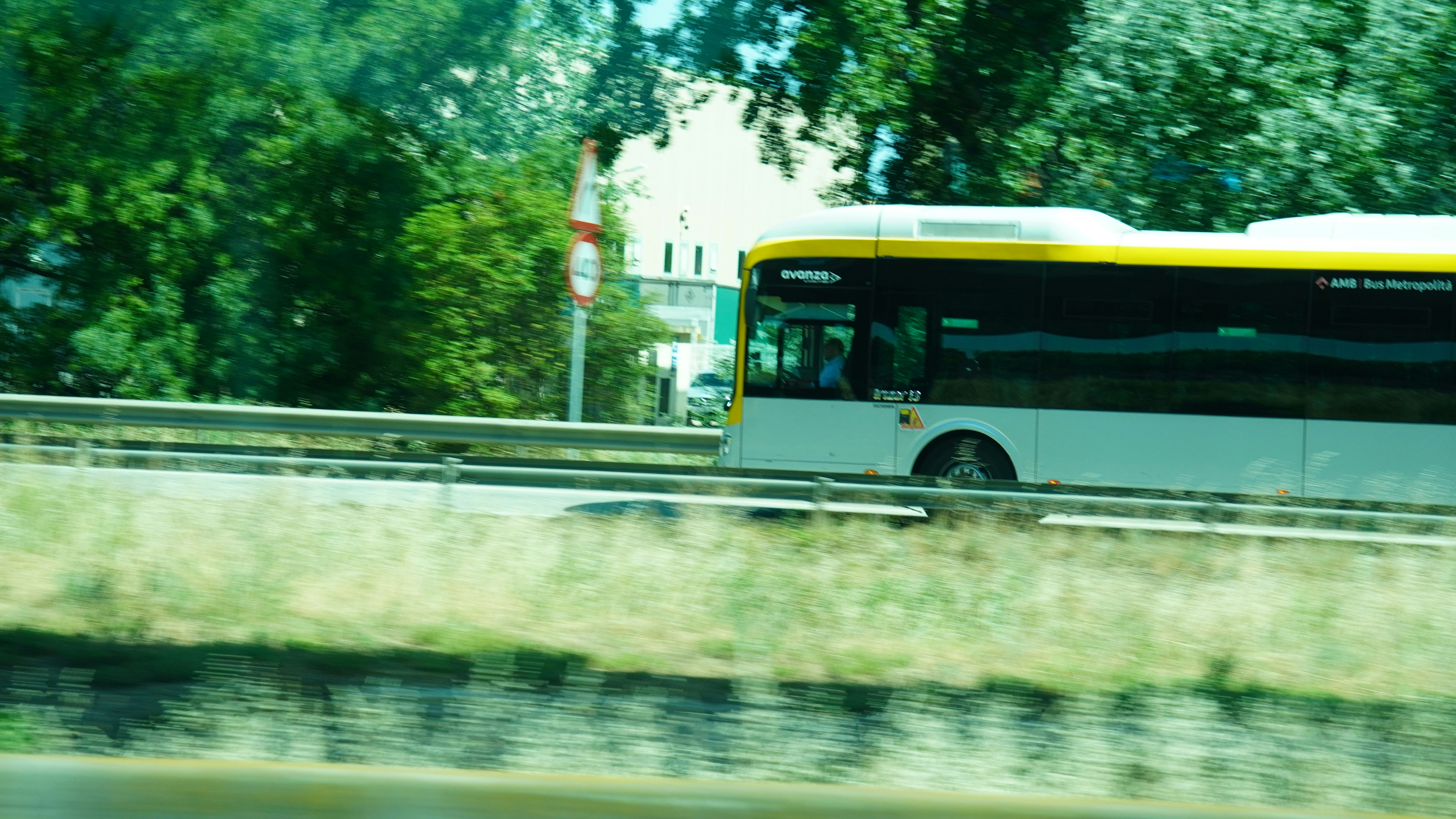Emerging commuter: a yellow-white city bus glides along a sunlit highway