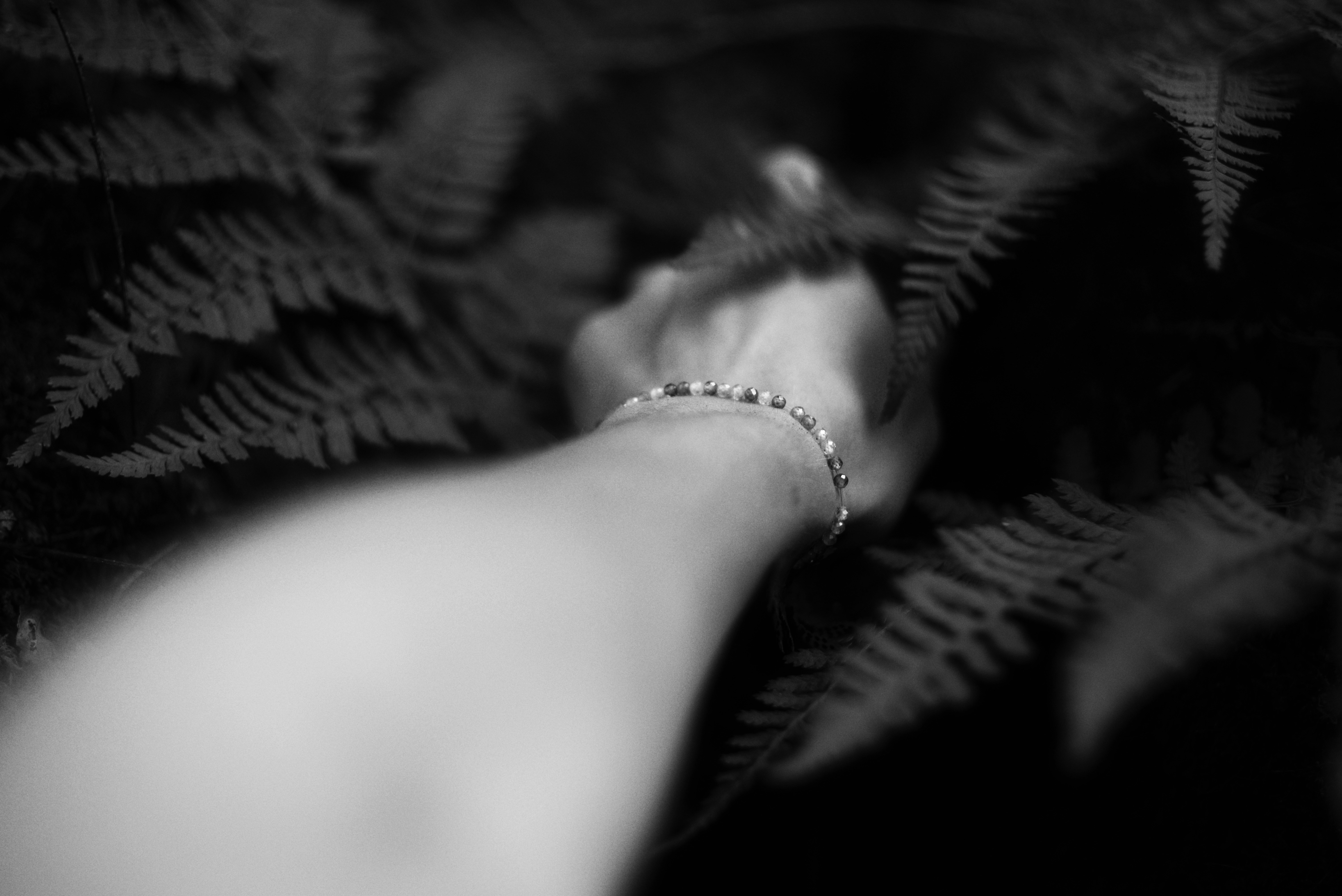 Forested Touch: A wrist among fern shadows