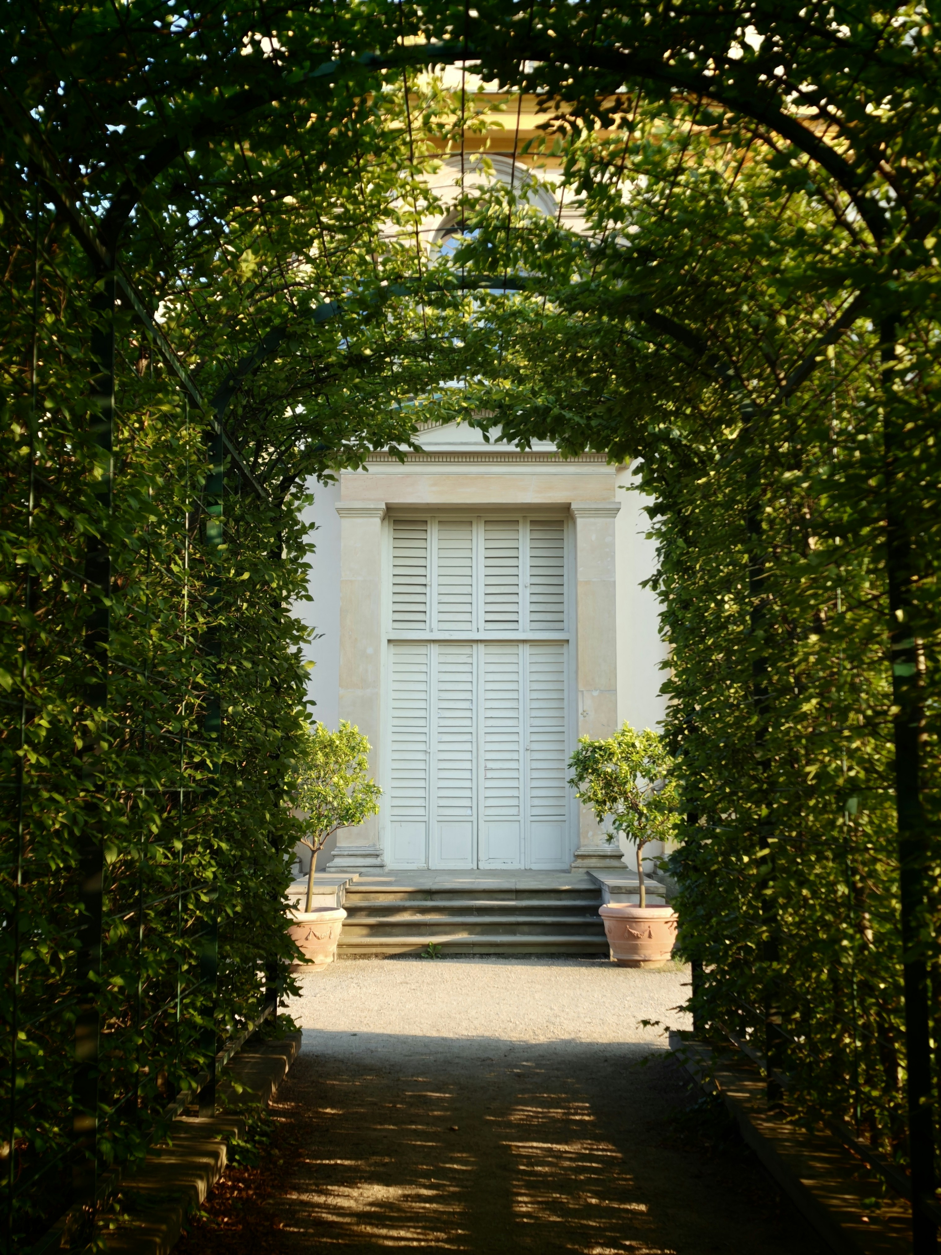 Arched Green Gateway Framing a Courtyard Doorway