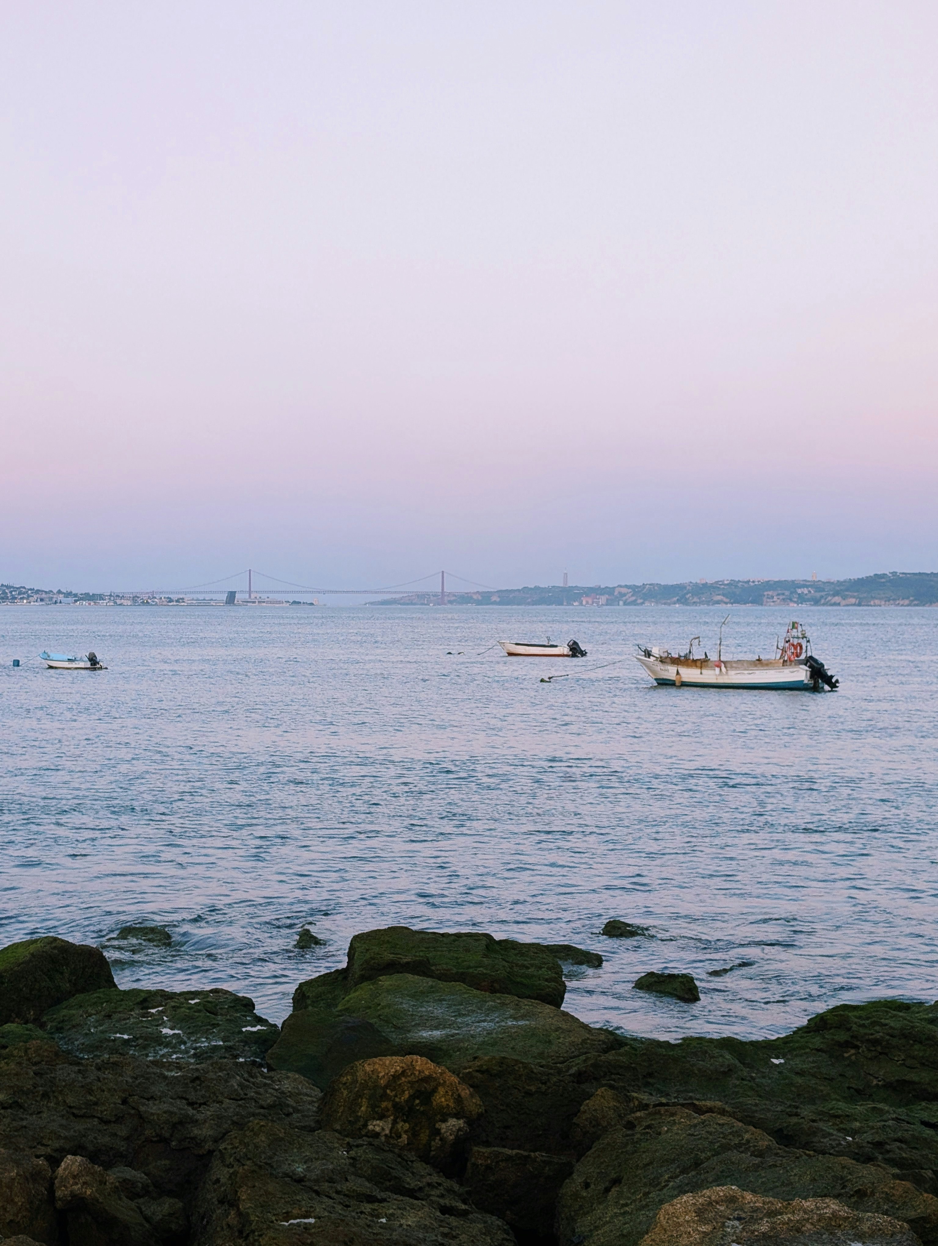 Soft pastel sky over a quiet harbor with small boats on the water and darkened rocks in the foreground.