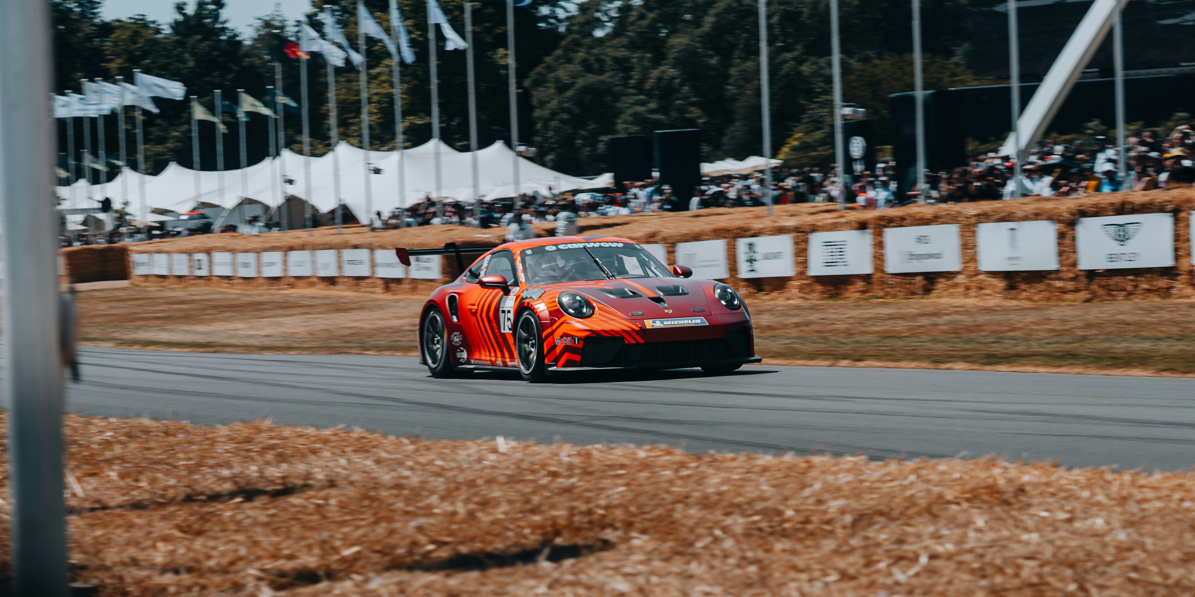 Red Porsche Surges Through a Race Corsage at Sunlit Track
