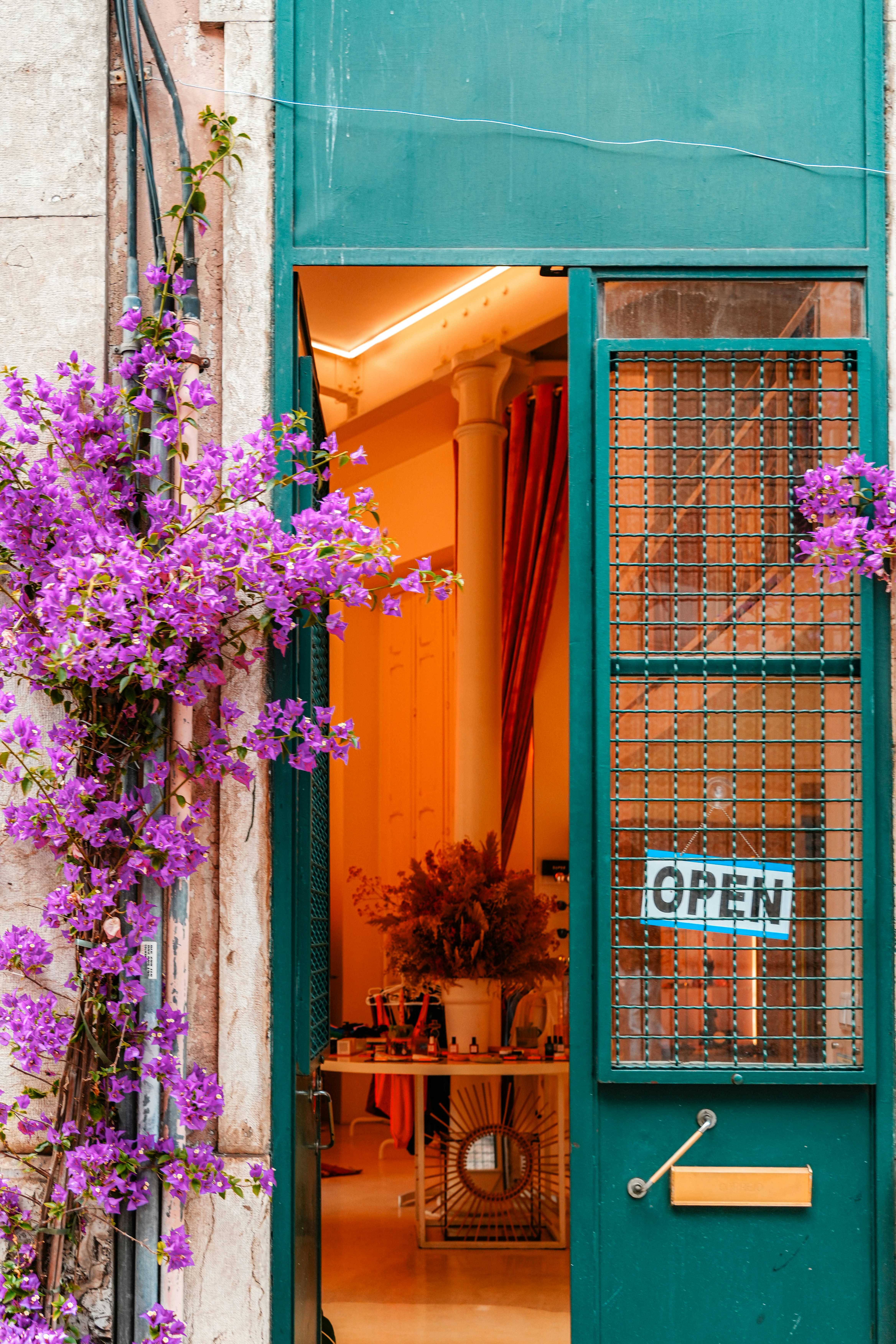 Teal doorways and lilac vines: welcoming glow of a boutique storefront