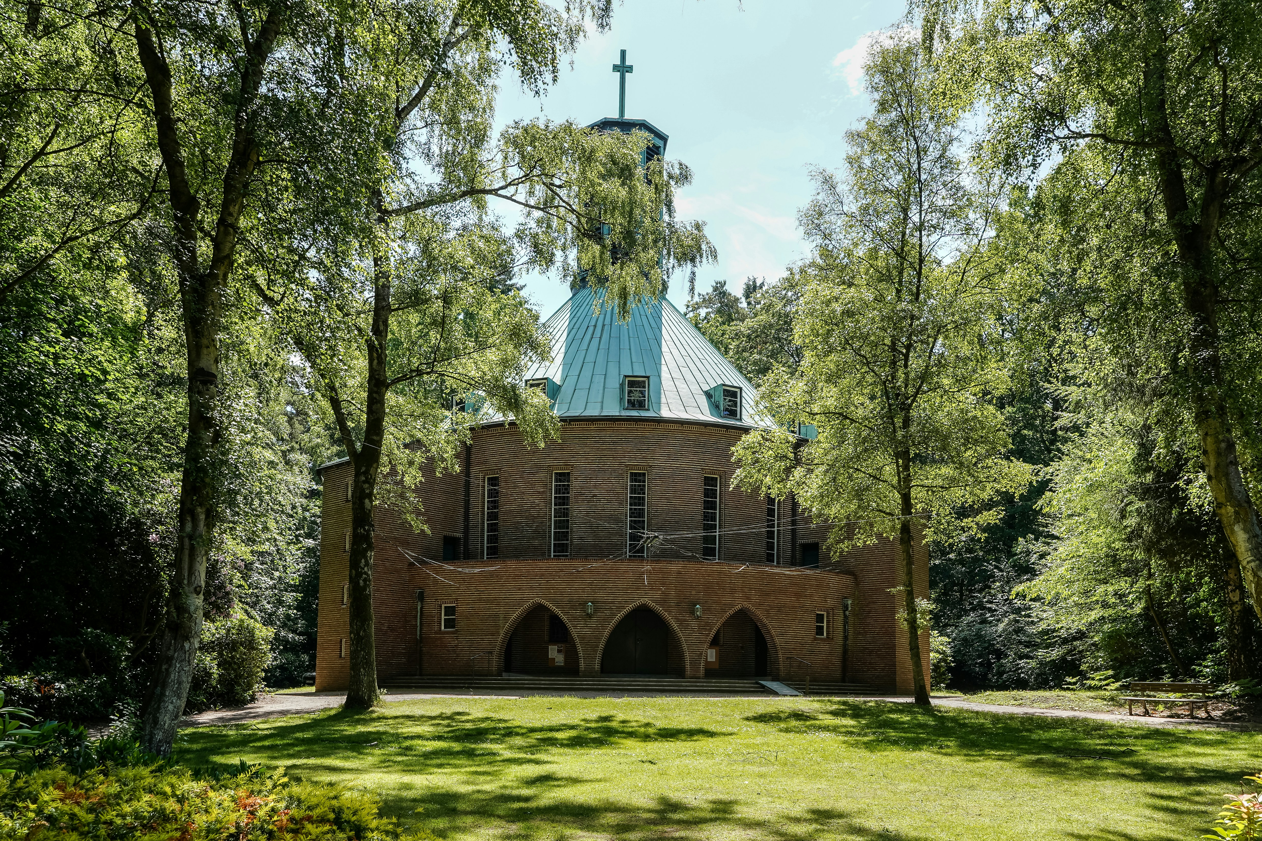 Sunlit Chapel in a Quiet Park