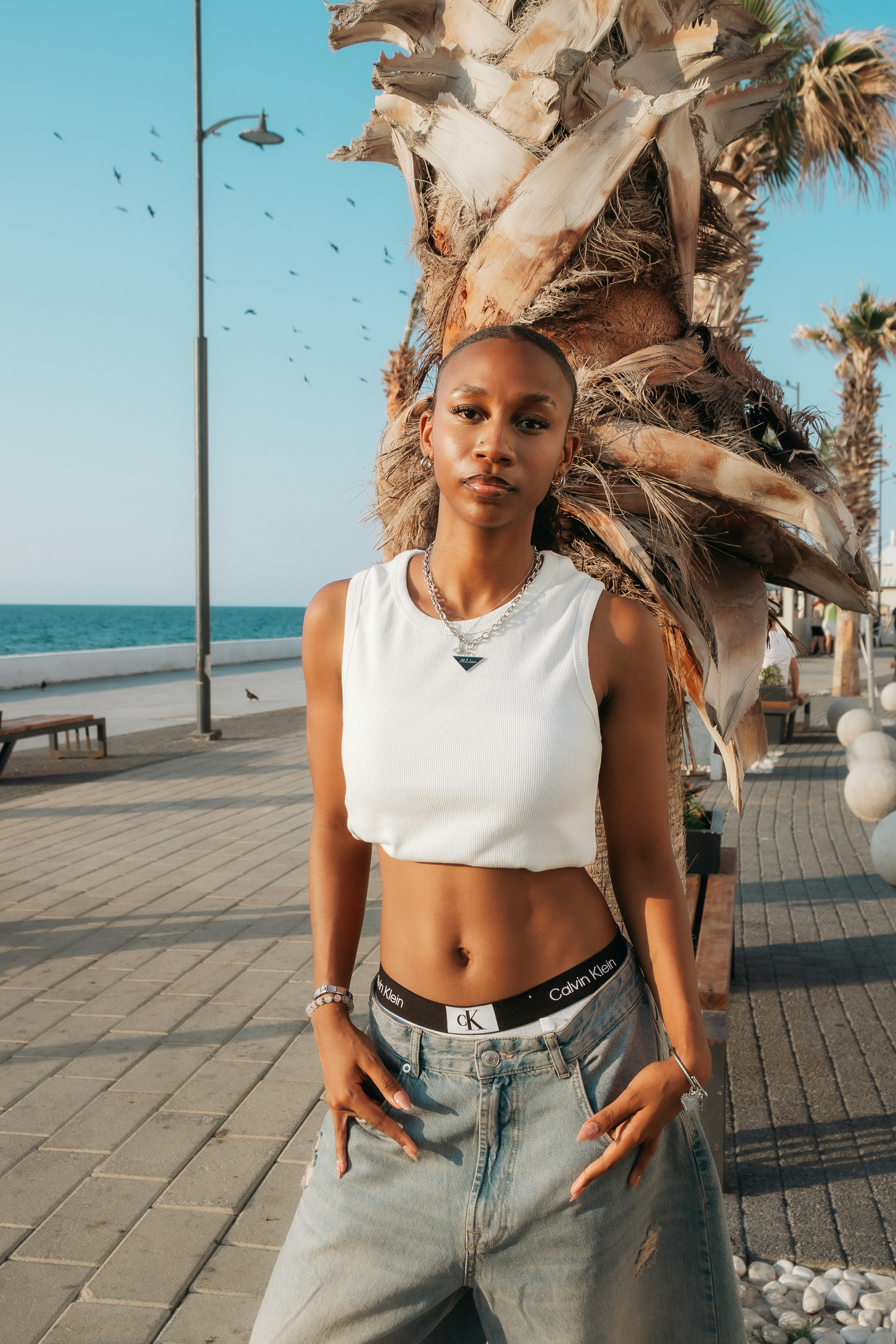 Coastal Confidence: A Bold Portrait by the Palm-lined Promenade