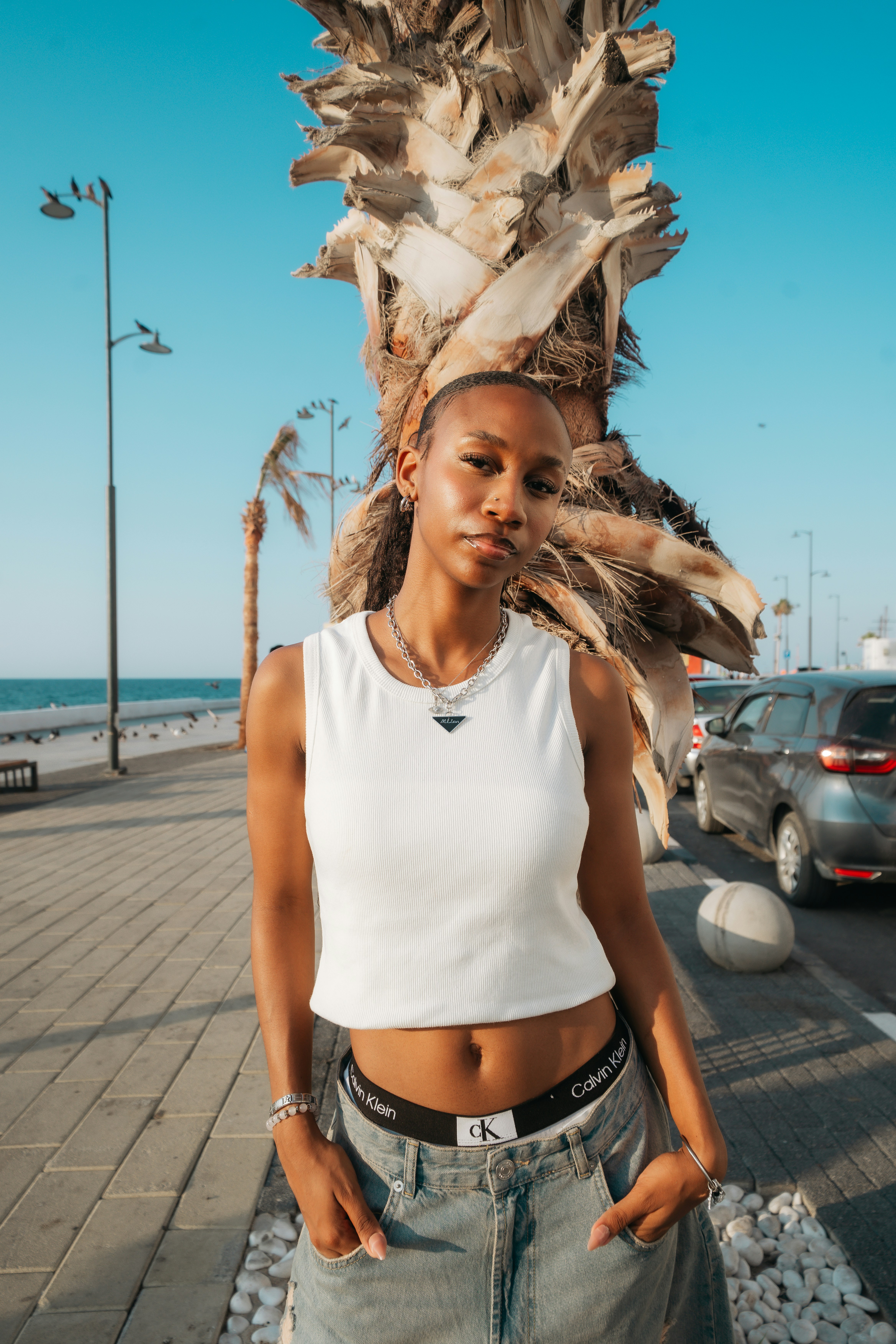 Sunlit Confidence: A coastal promenade portrait beneath towering palms
