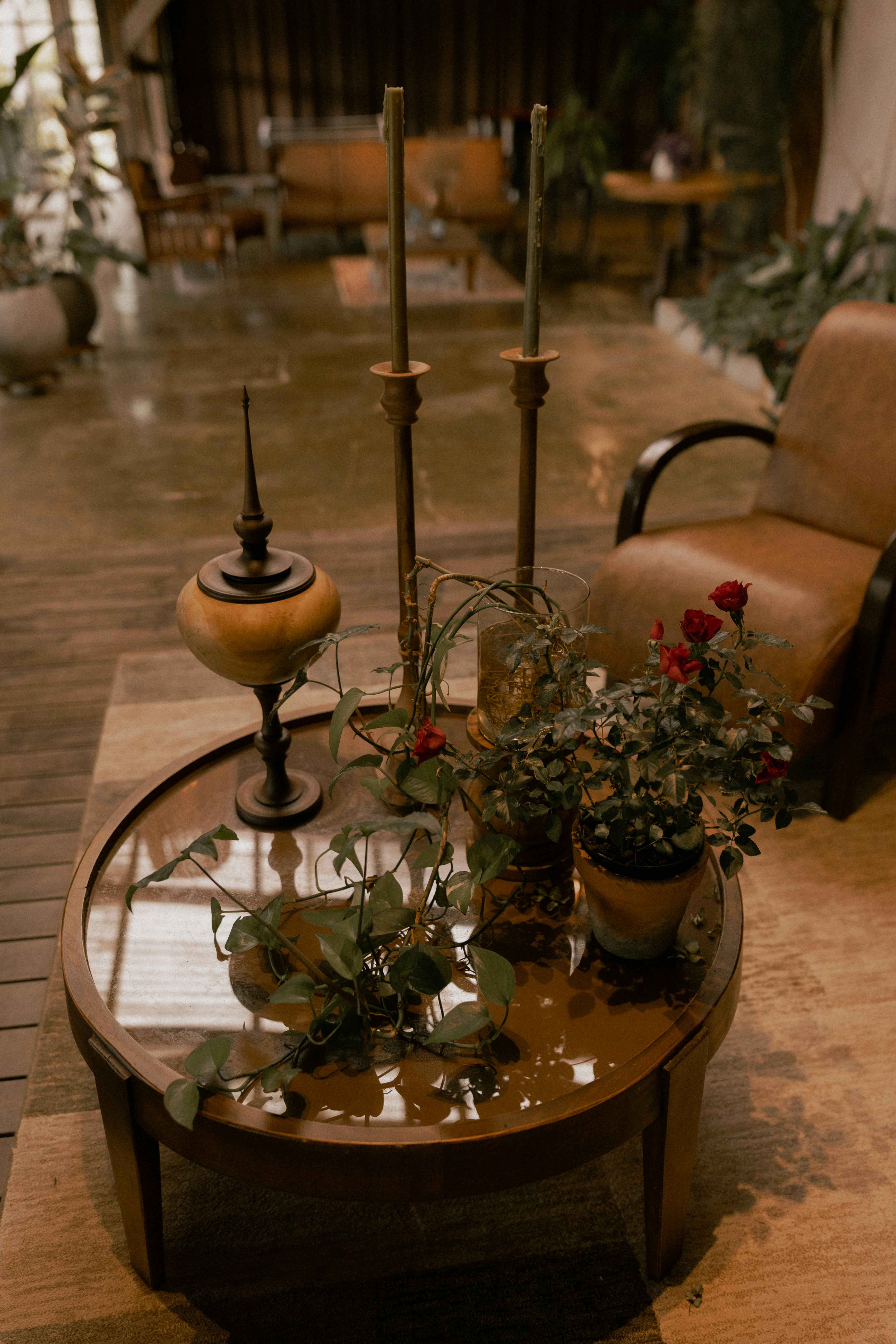 Candles, Roses, and a Glass-Topped Table: Quiet Lounge Still Life