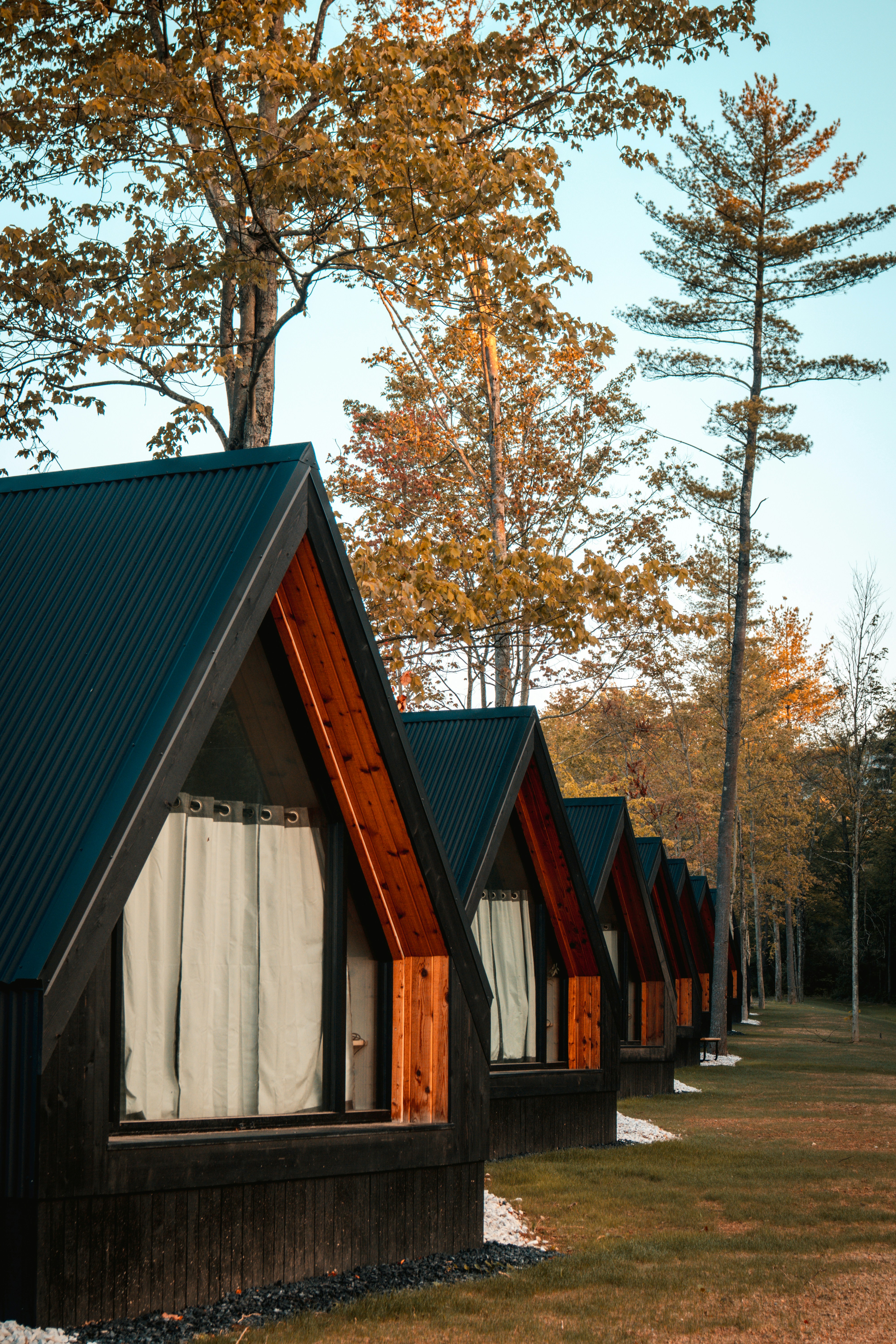 A diagonal line of dark wooden A-frame cabins with teal roofs recedes into the distance beneath autumn trees.