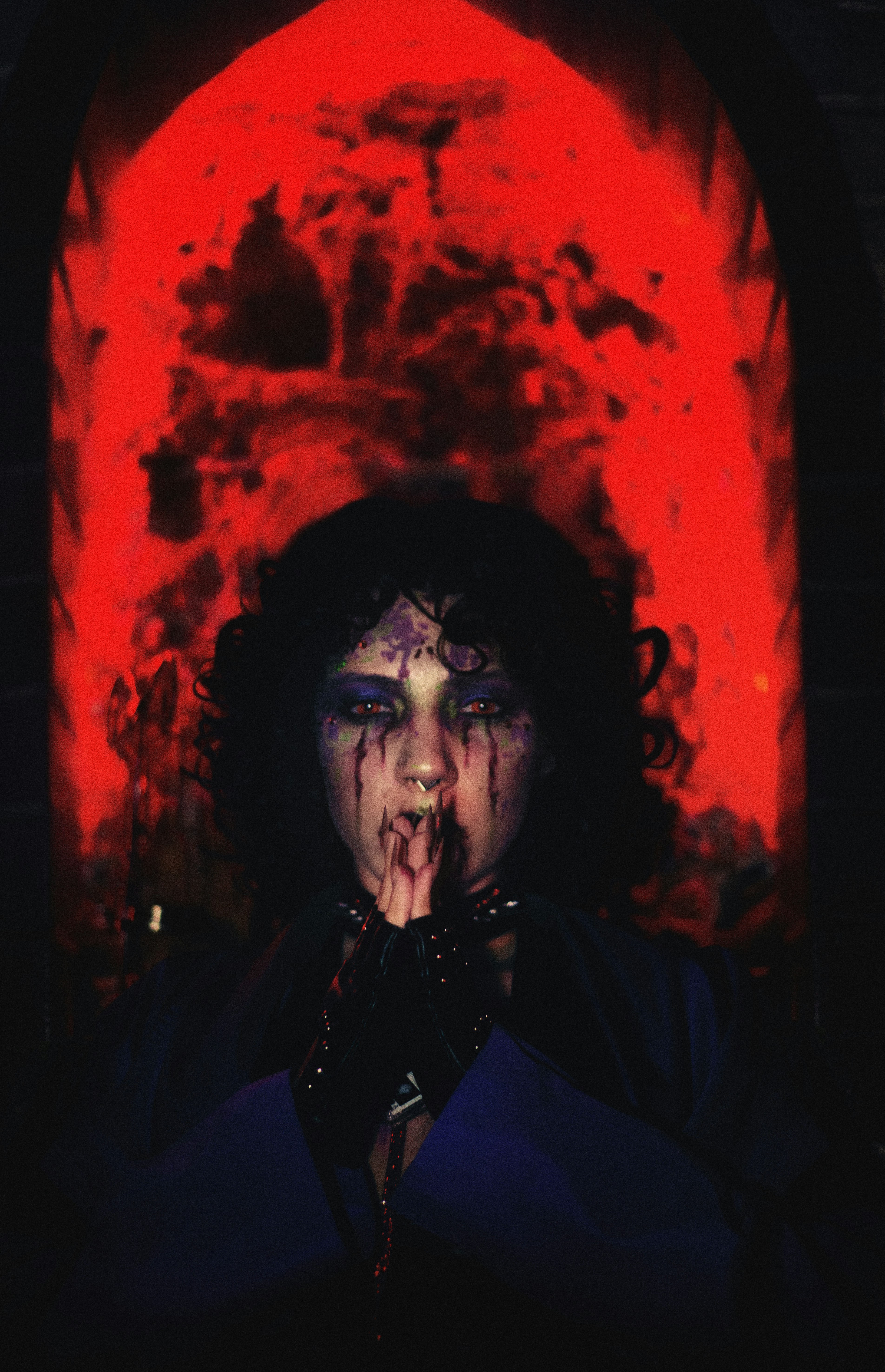 Veiled Tempest: Portrait Under Red Archway