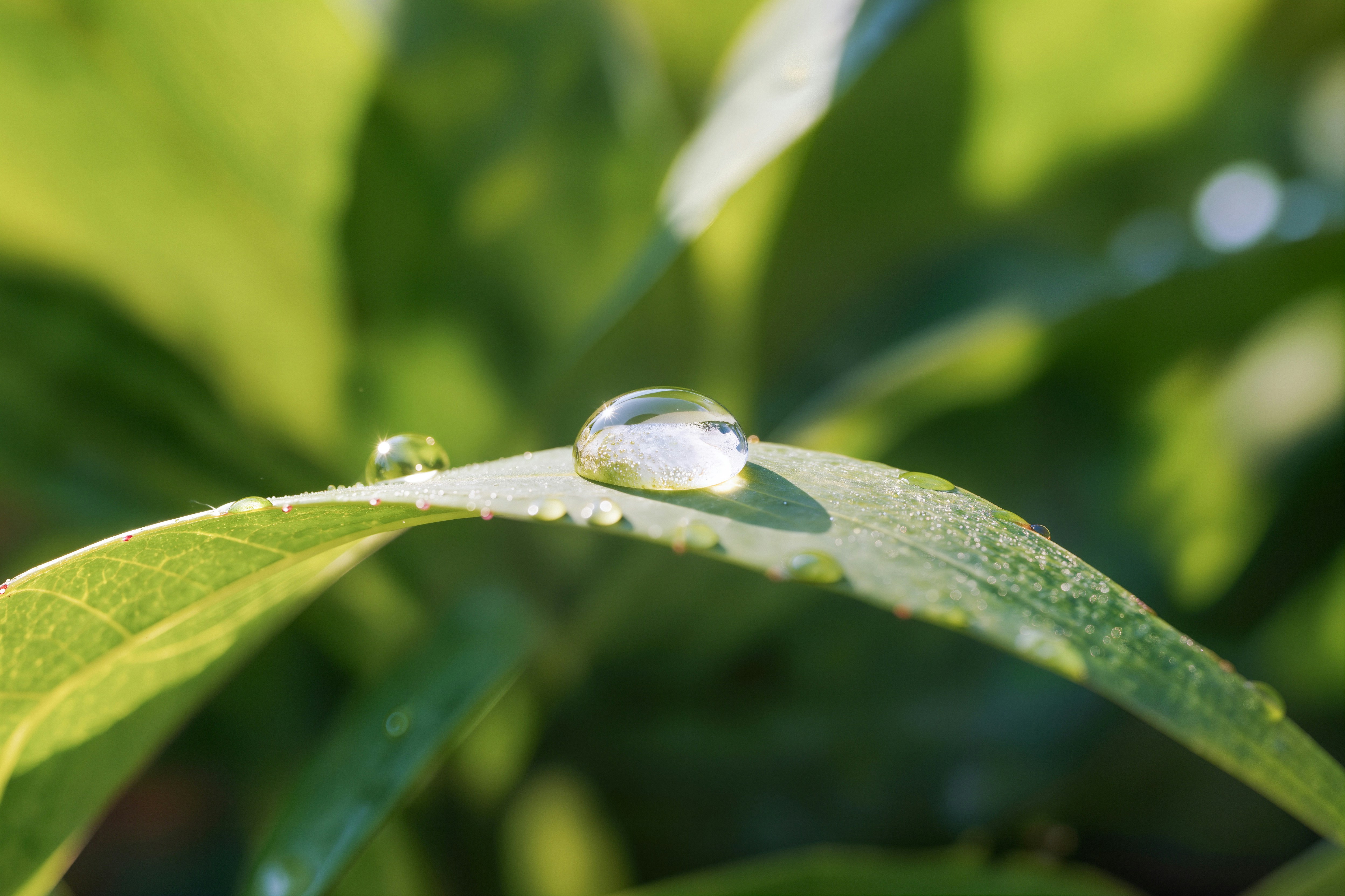 Dew-kissed leaf bead: macro still life in morning light
