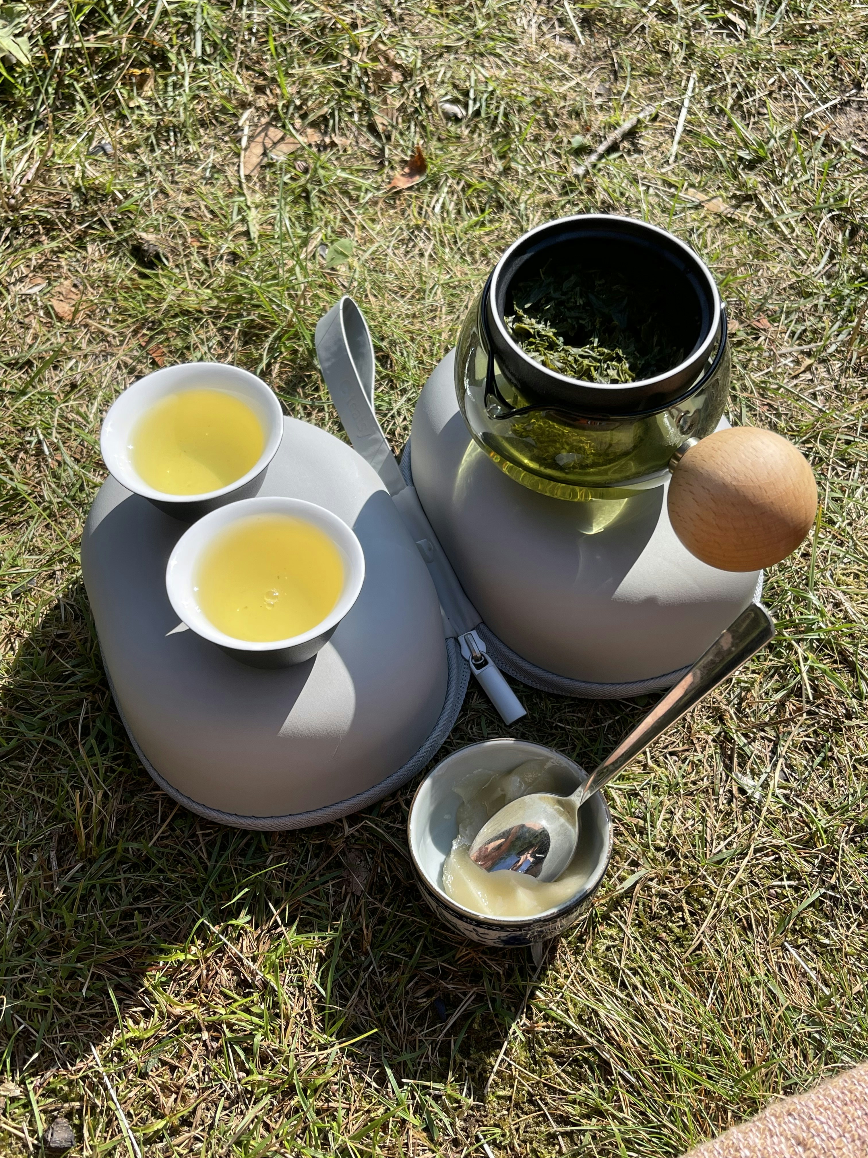 Sunlit Tea Time: Ceramic Pots and Pouring Kettle in a Meadow