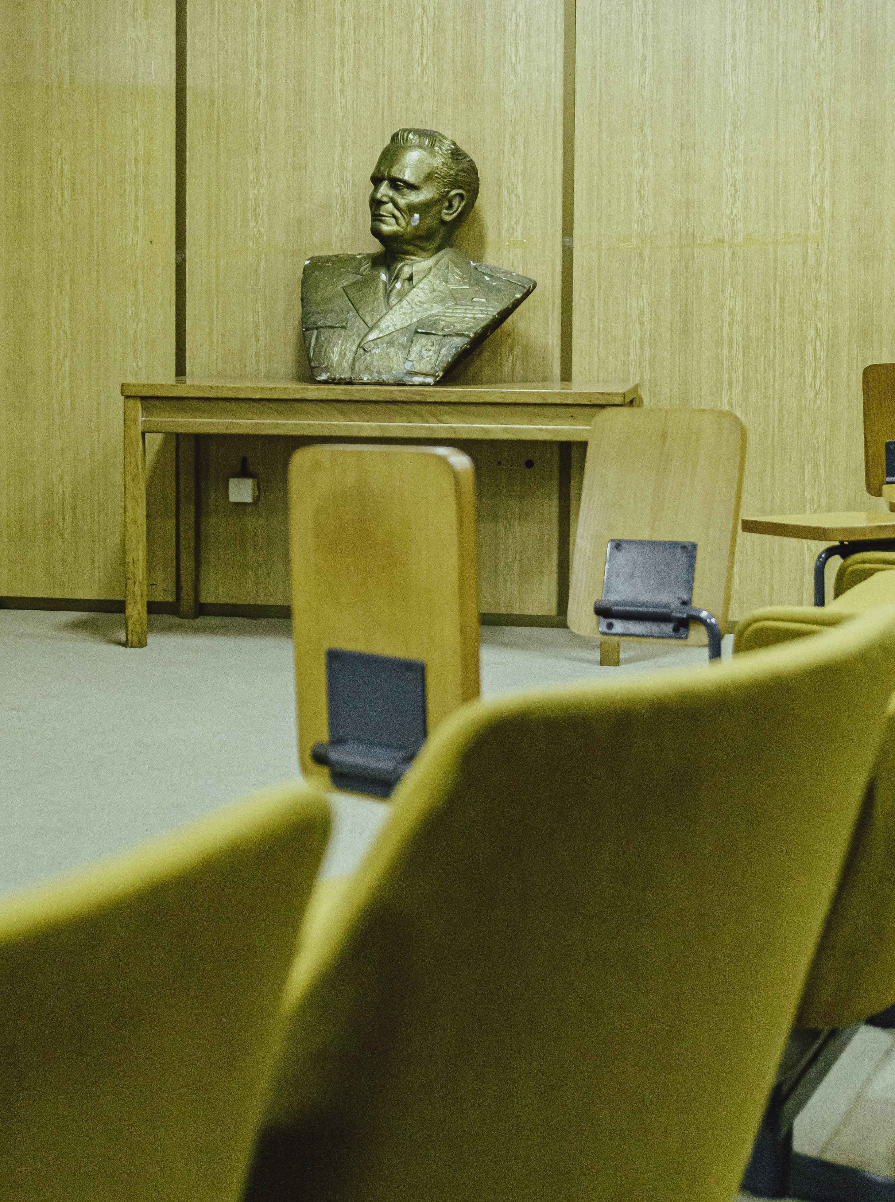 Bust in a Quiet Lecture Hall: A Bronze Portrait on a Wooden Pedestal
