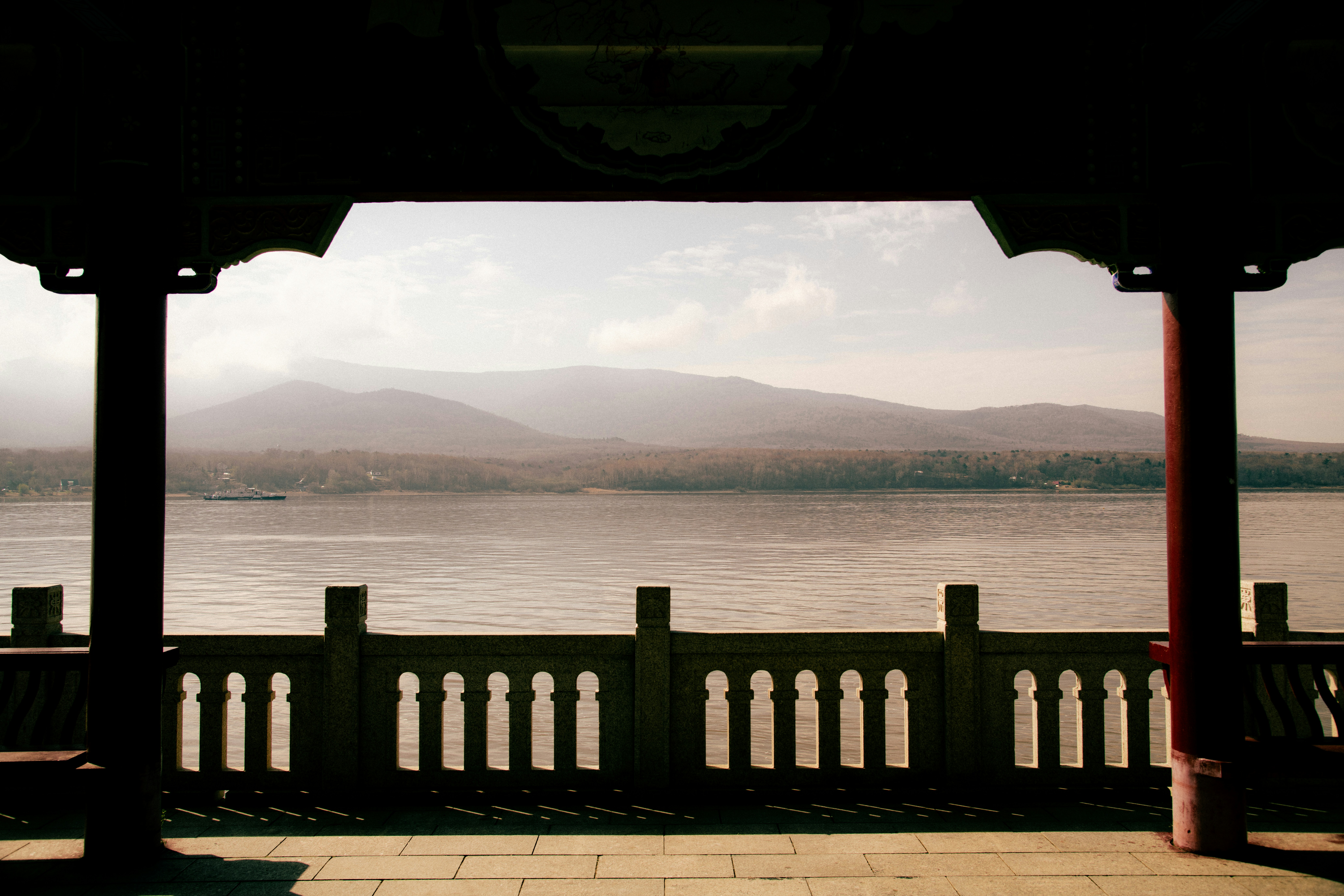 Quiet Terrace Overlooking a Misty Lake