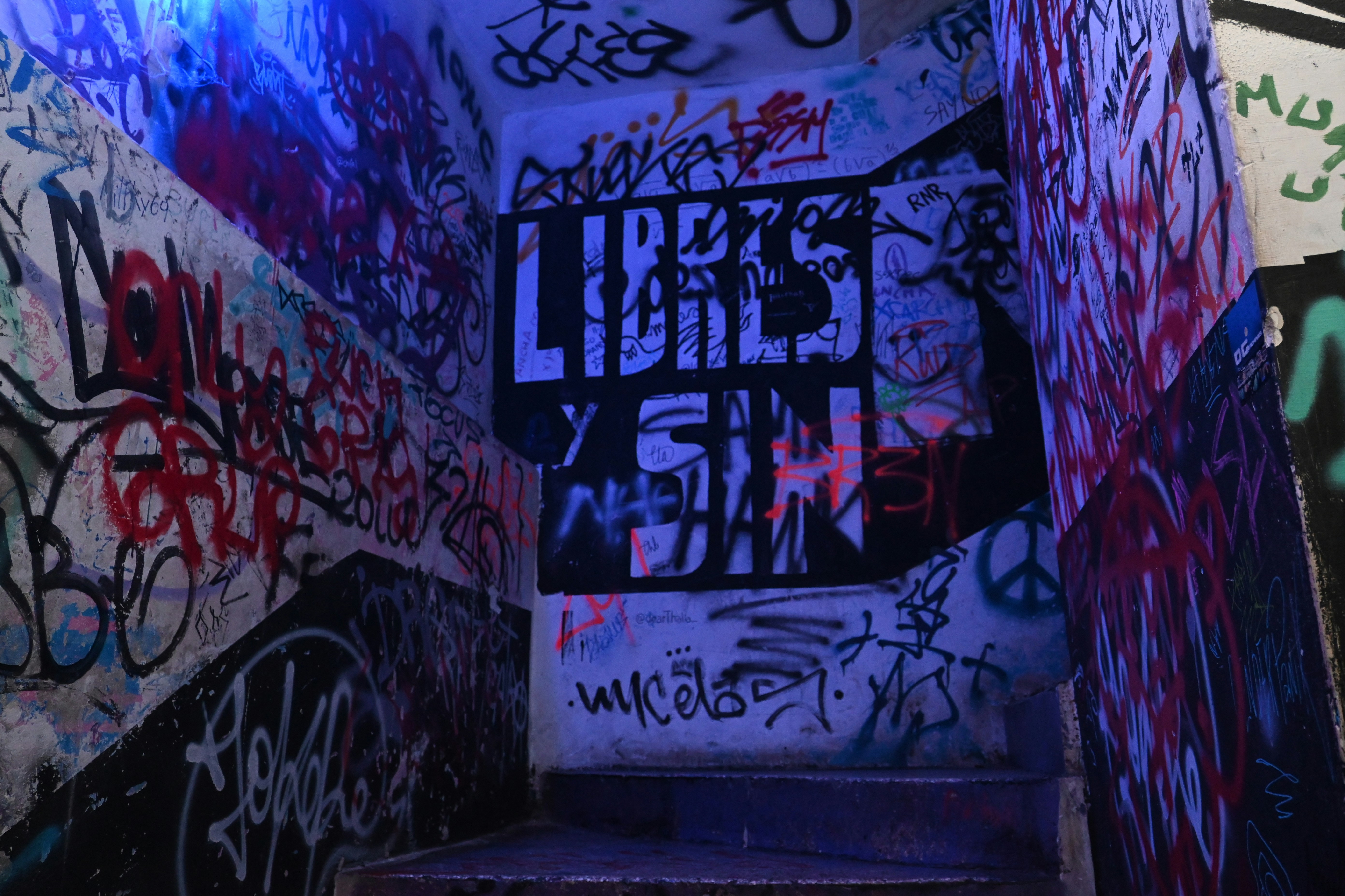 Vivid graffiti-covered stairwell with layered tags and bold text at the far end; the scene emphasizes urban street art and gritty textures.