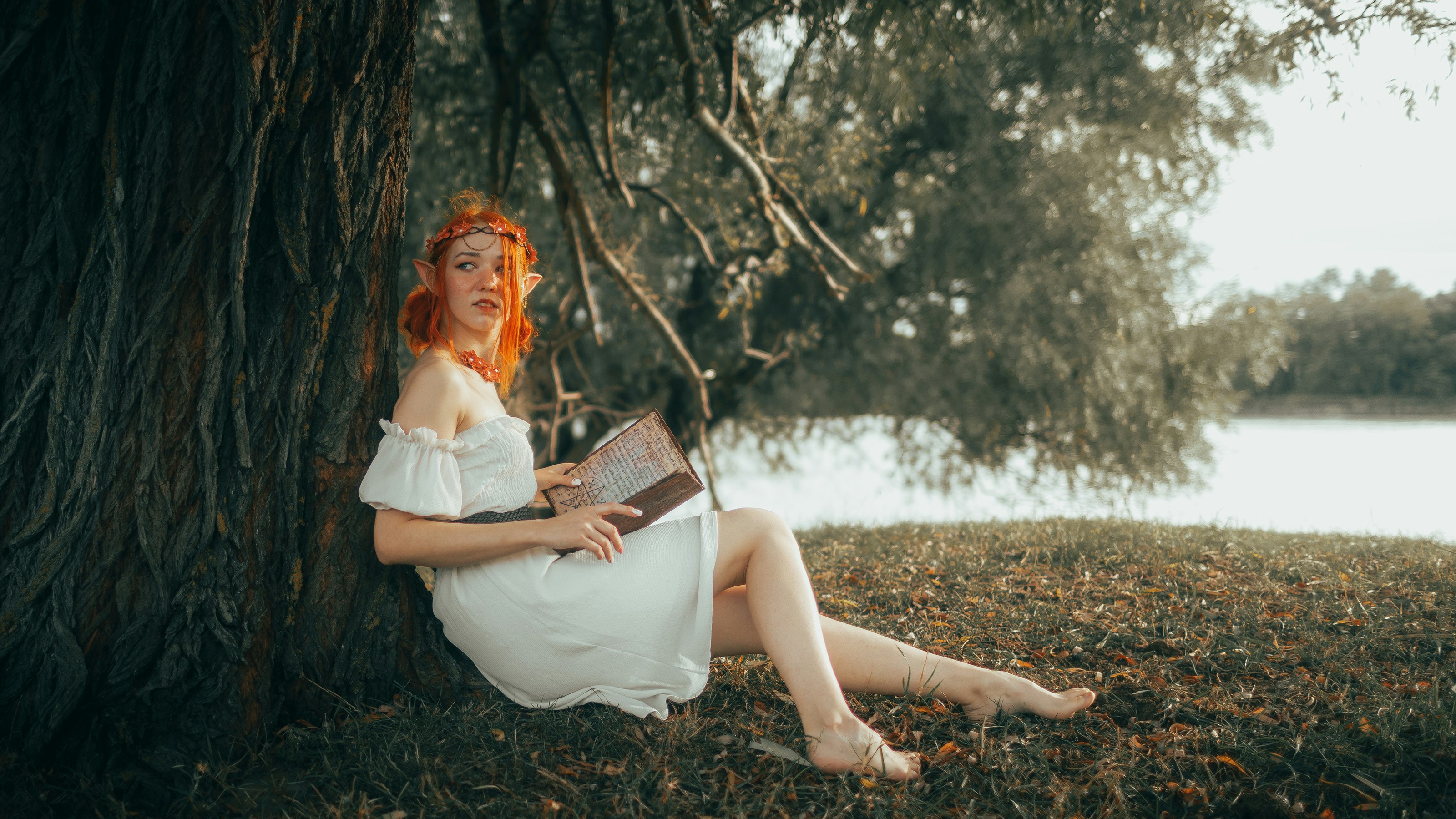 Whispering Willow: A Red-Haired Muse by the Lake