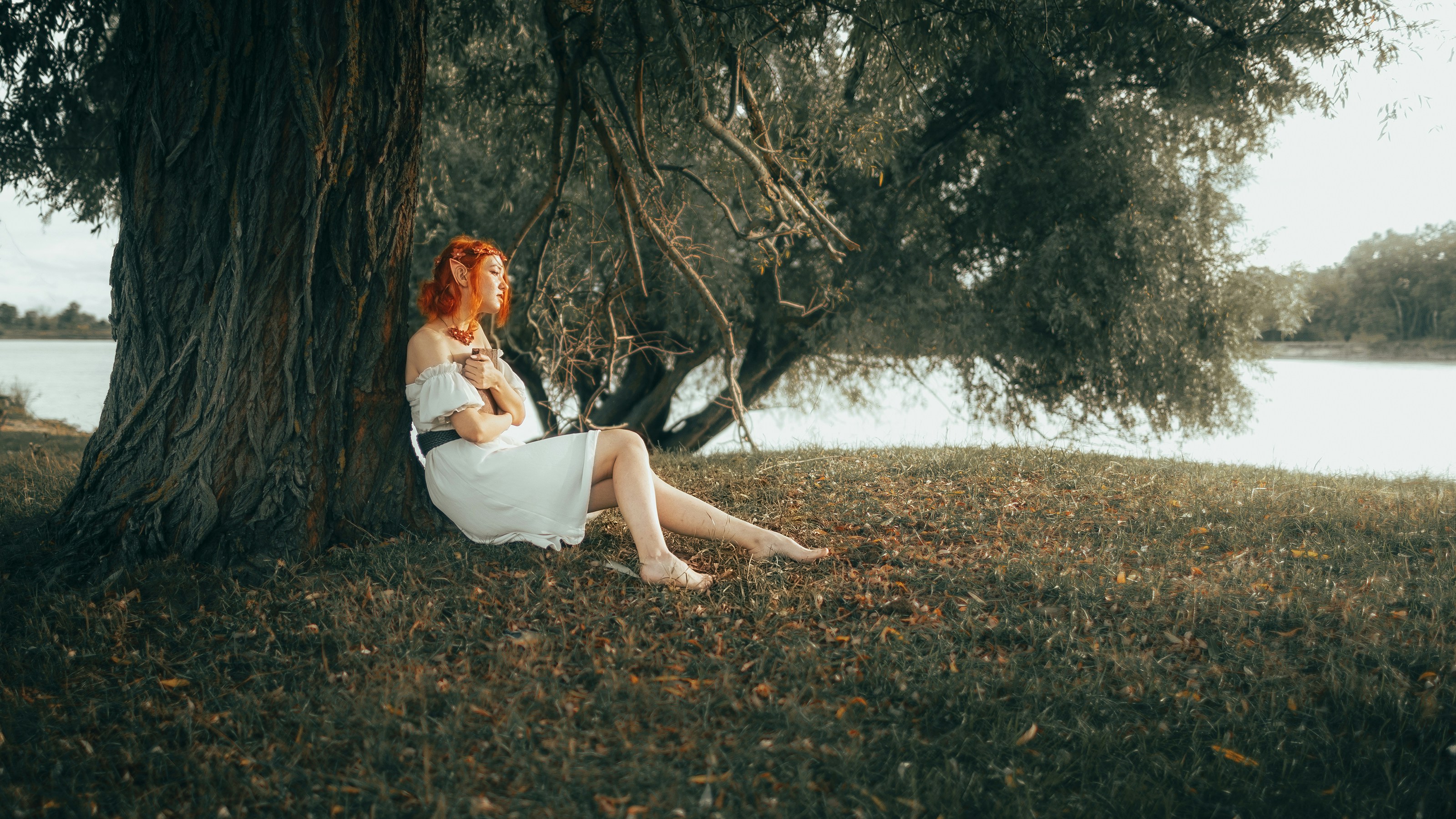 Red-Haired Quietude by the Lakeside Tree
