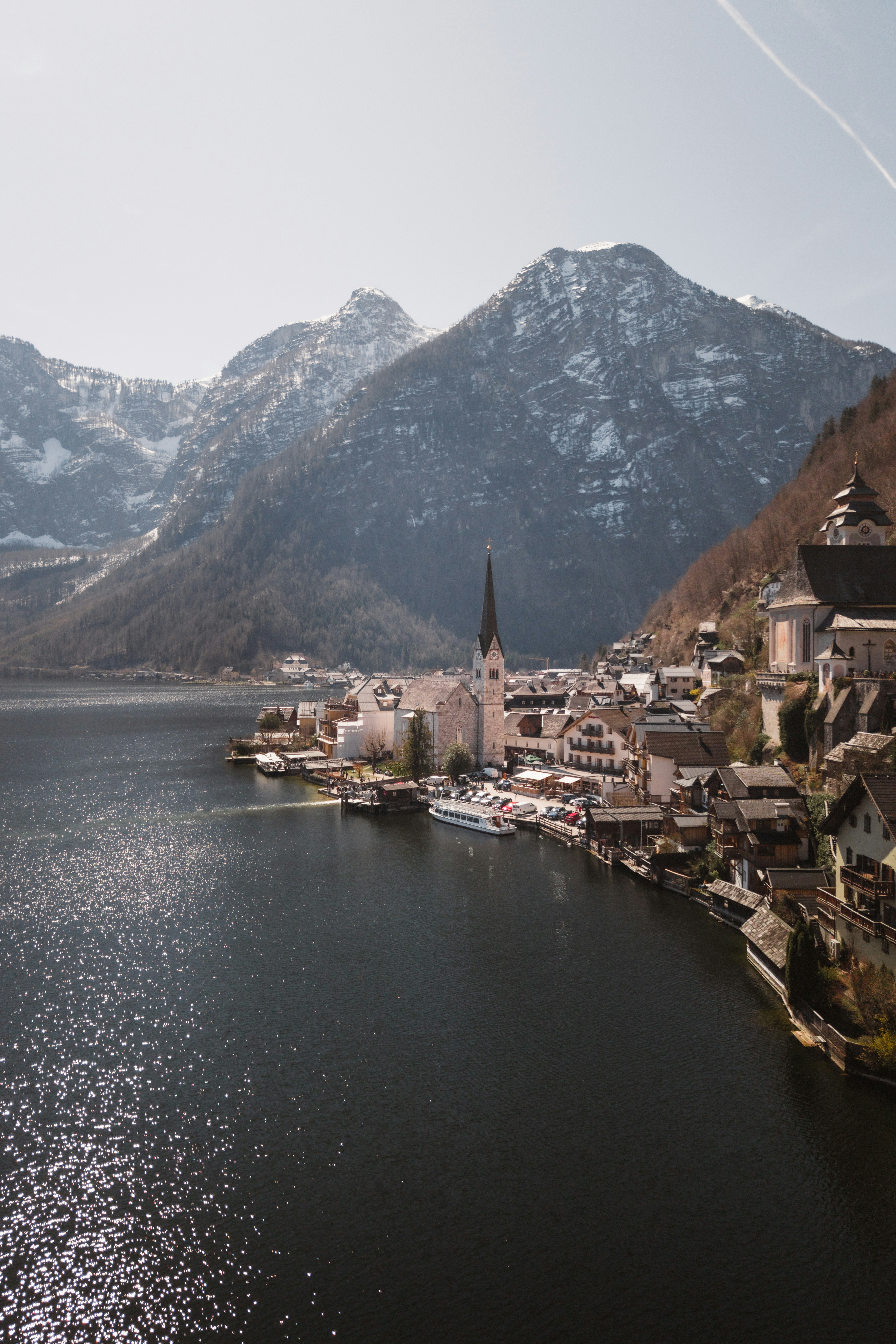 Vertical view of Hallstatt village by the lake