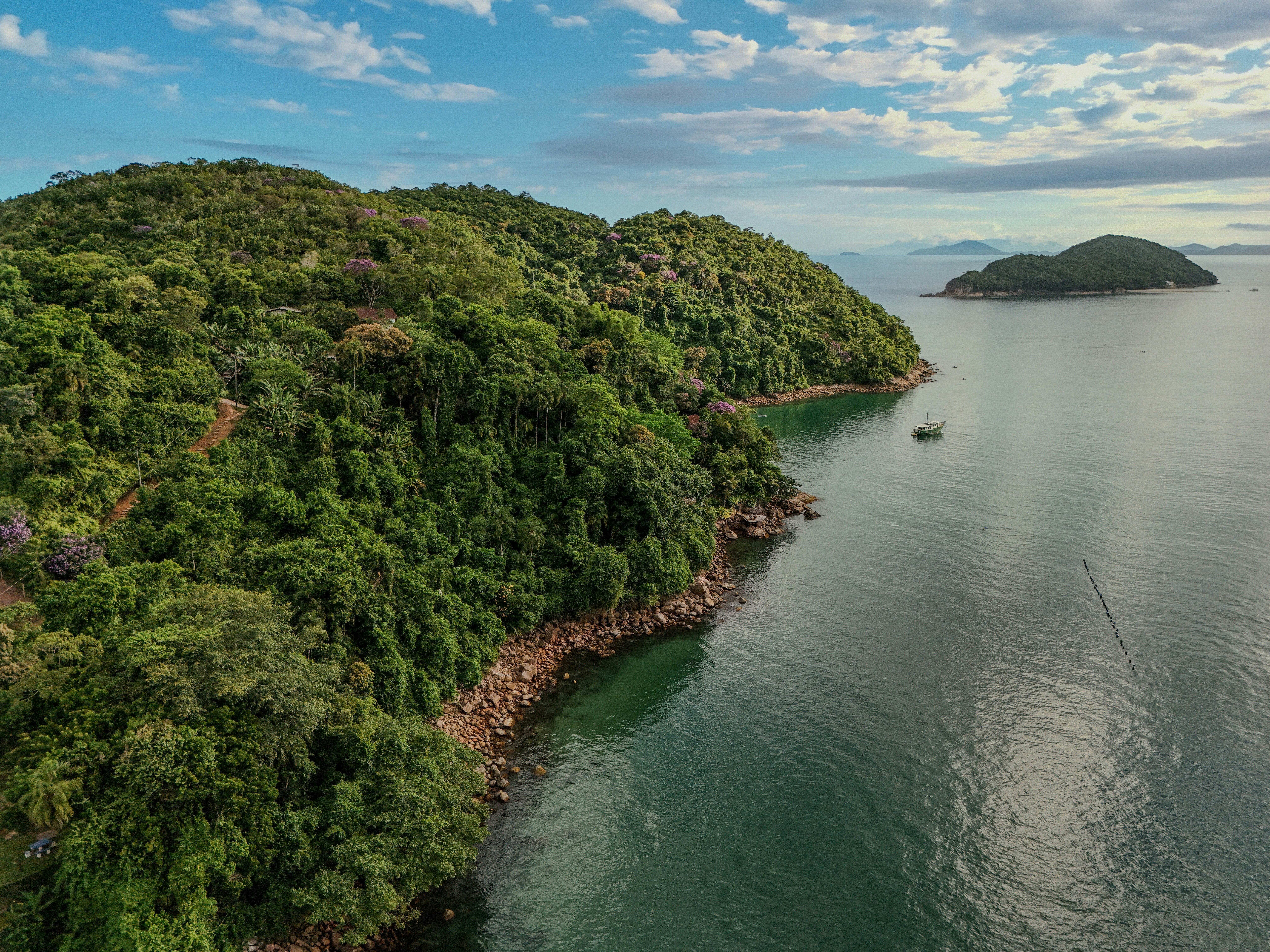Aerial view of lush, forested cliffs meeting a calm sea along a rocky shoreline; distant islets and a small boat add scale to the tranquil coastal scene.