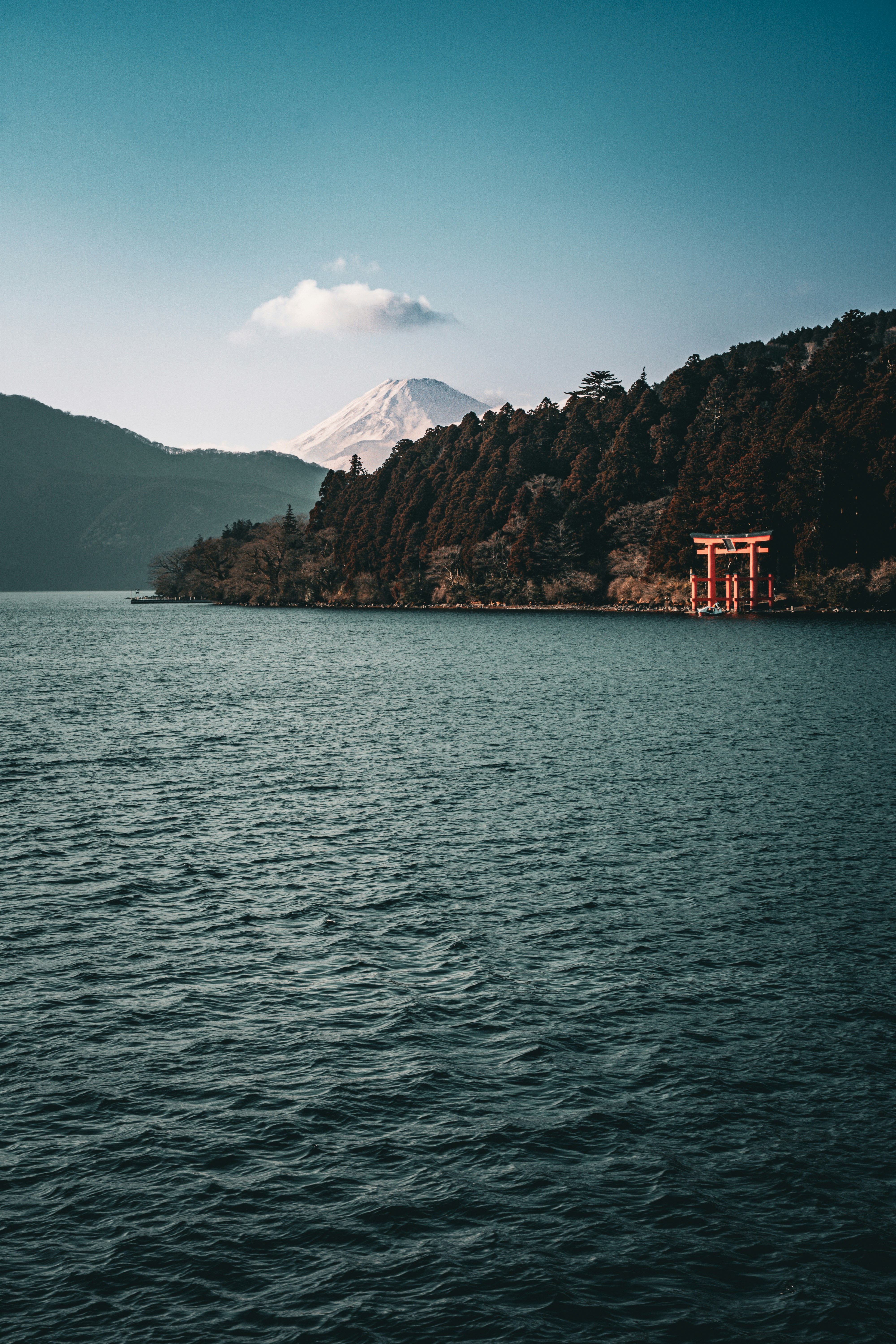 Torii over the Quiet Lake: Mountain and Forest Dawn