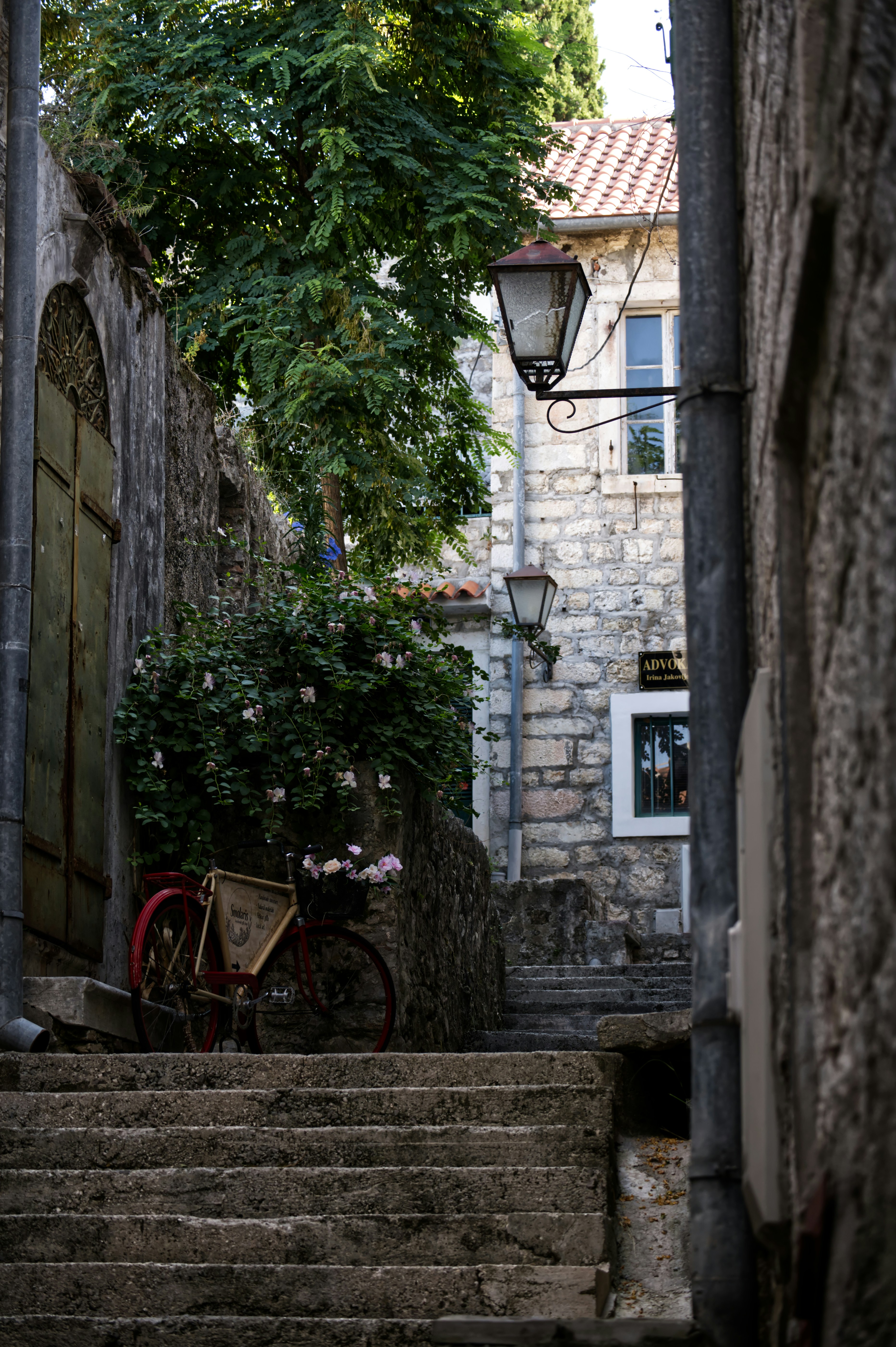 Quiet Alleyway in Bloom: A Street Scene Framed by Stone Walls