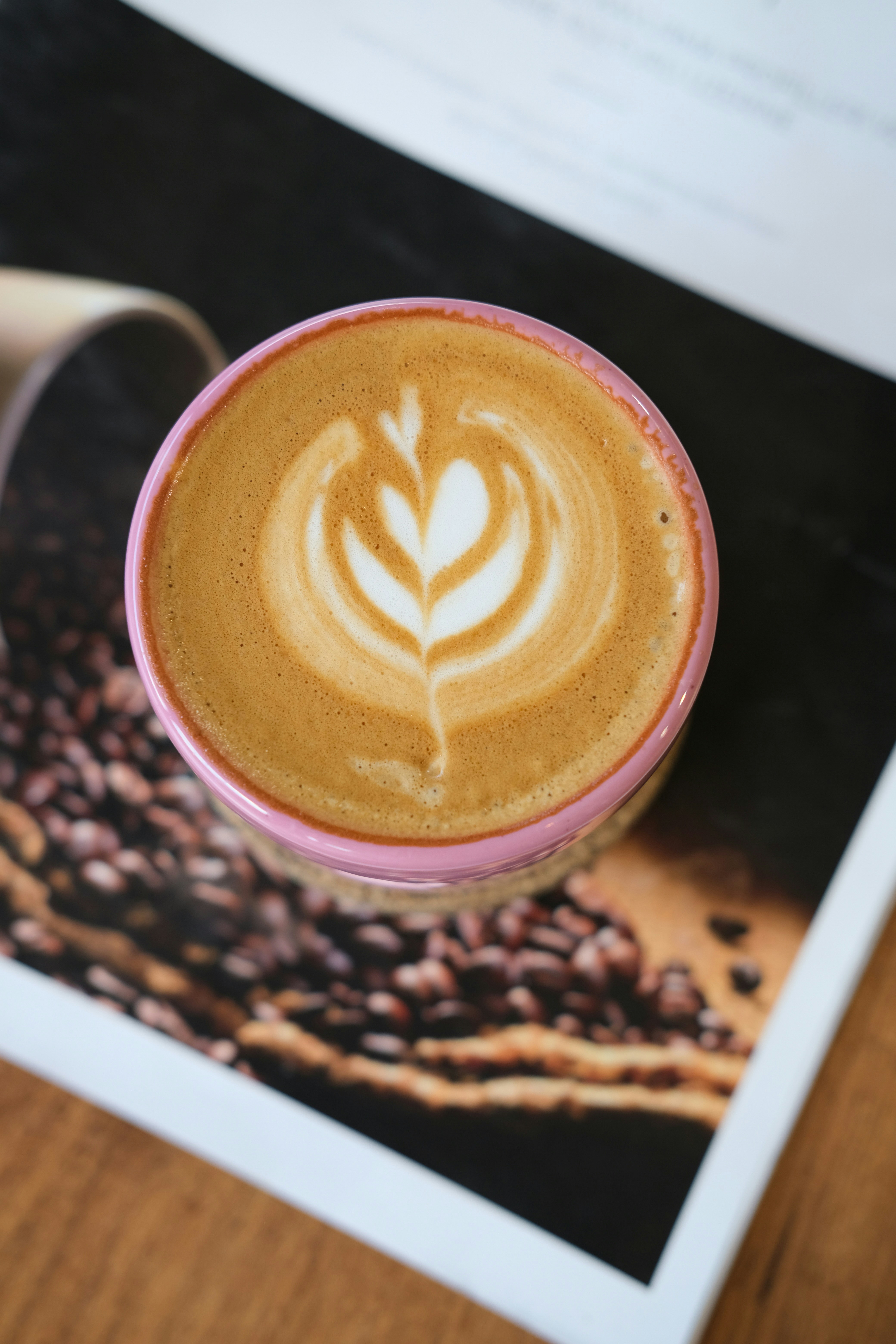 Top-Down Latte Art Portrait: Pink Cup on a Coffee Print