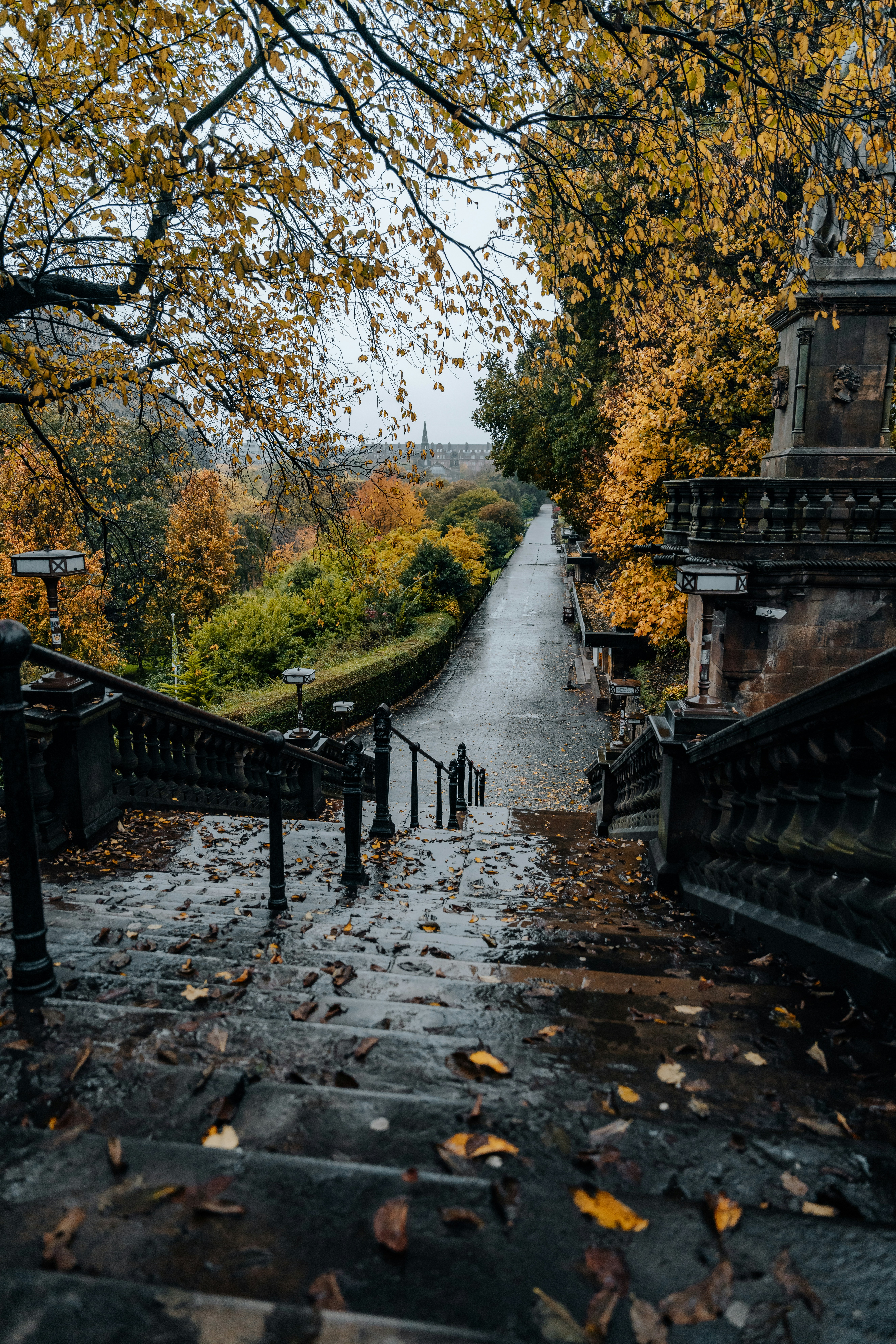 Autumn Descent: Rain-Slick Steps Toward a Quiet Cityscape