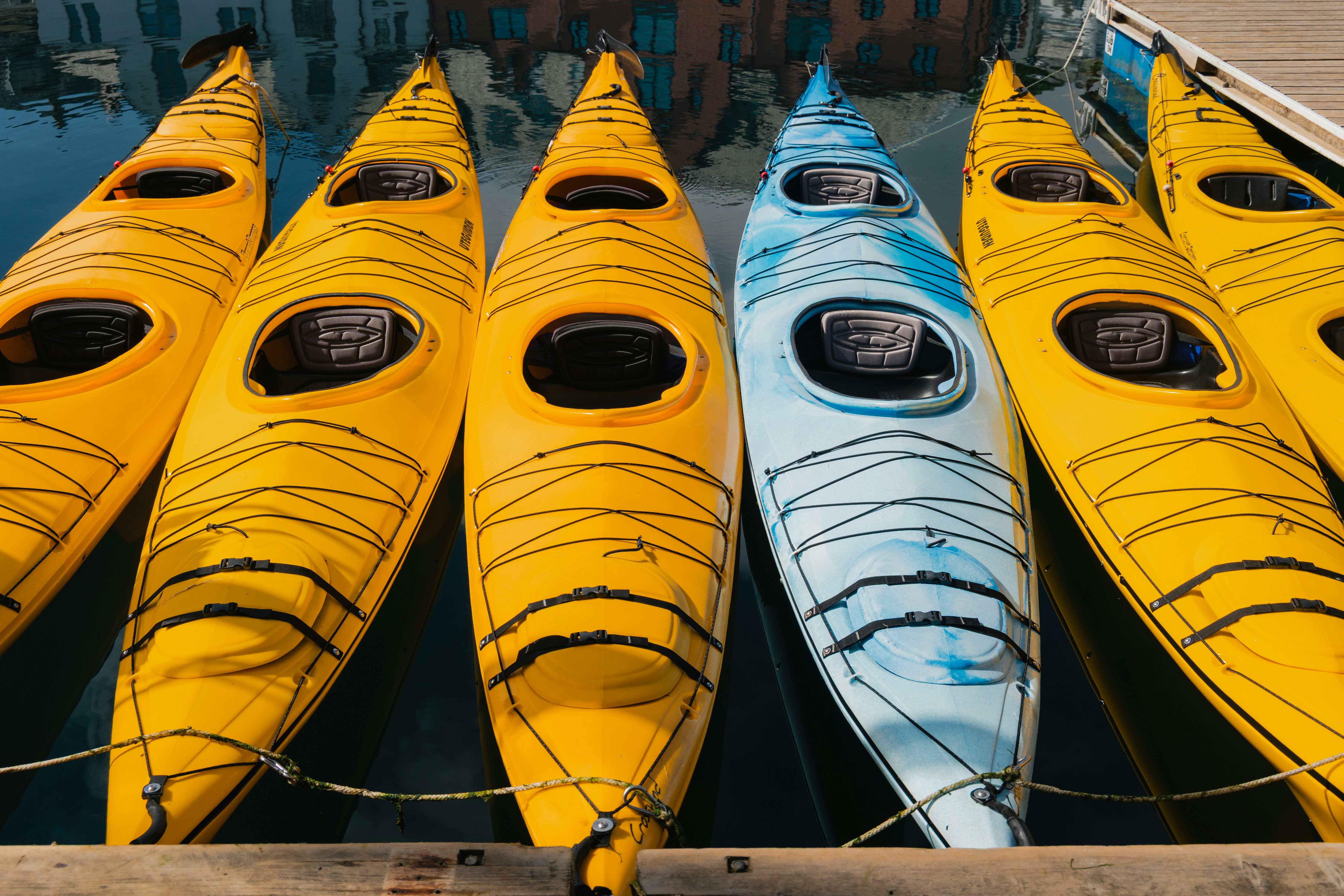 Colorful kayaks docked side by side with two blues amid bright yellows, anchored to a wooden pier, reflecting on calm water. This is a photographed scene of sports equipment at a marina.