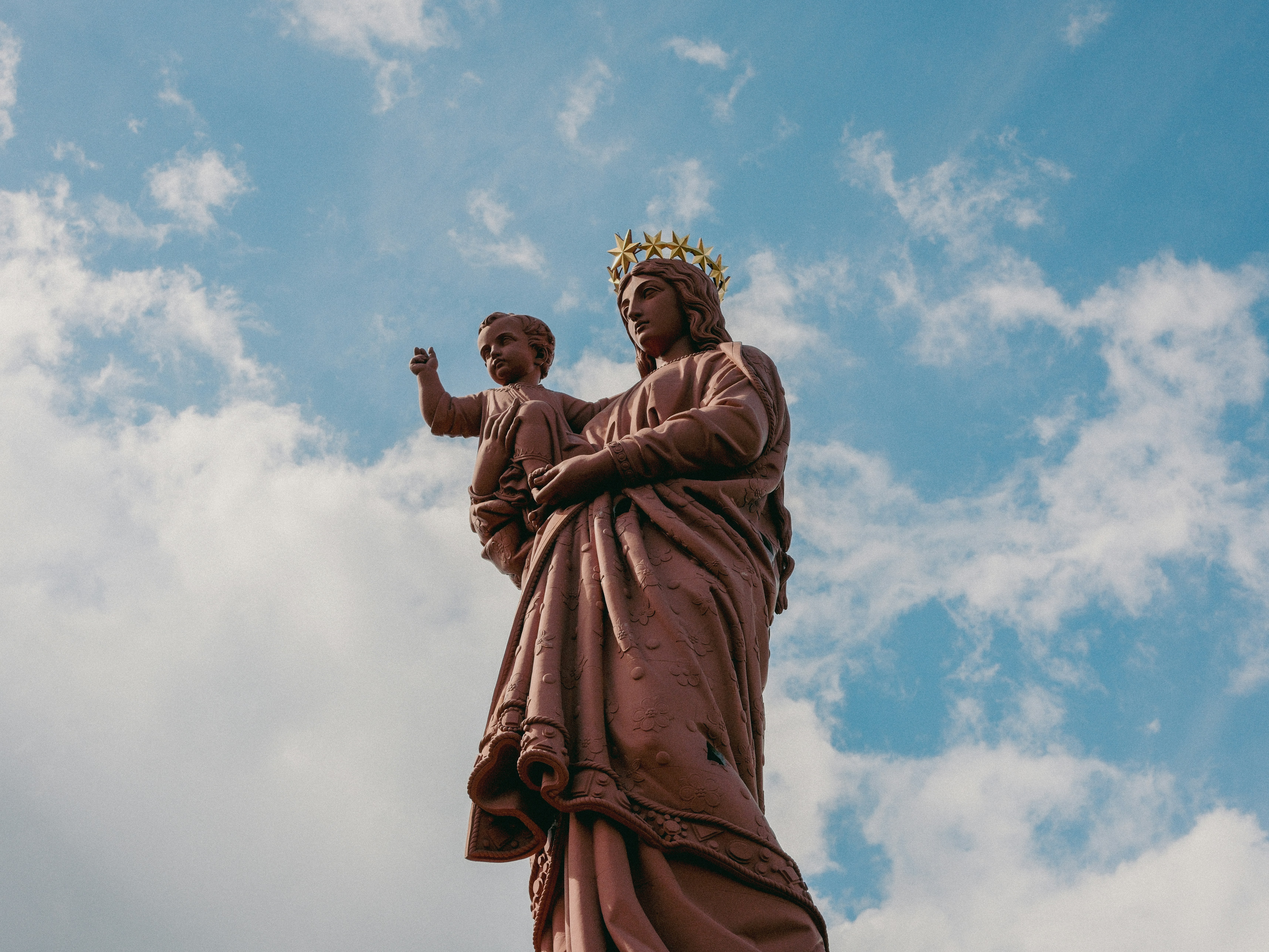 Crowned Madonna with Child Reaching Toward the Sky